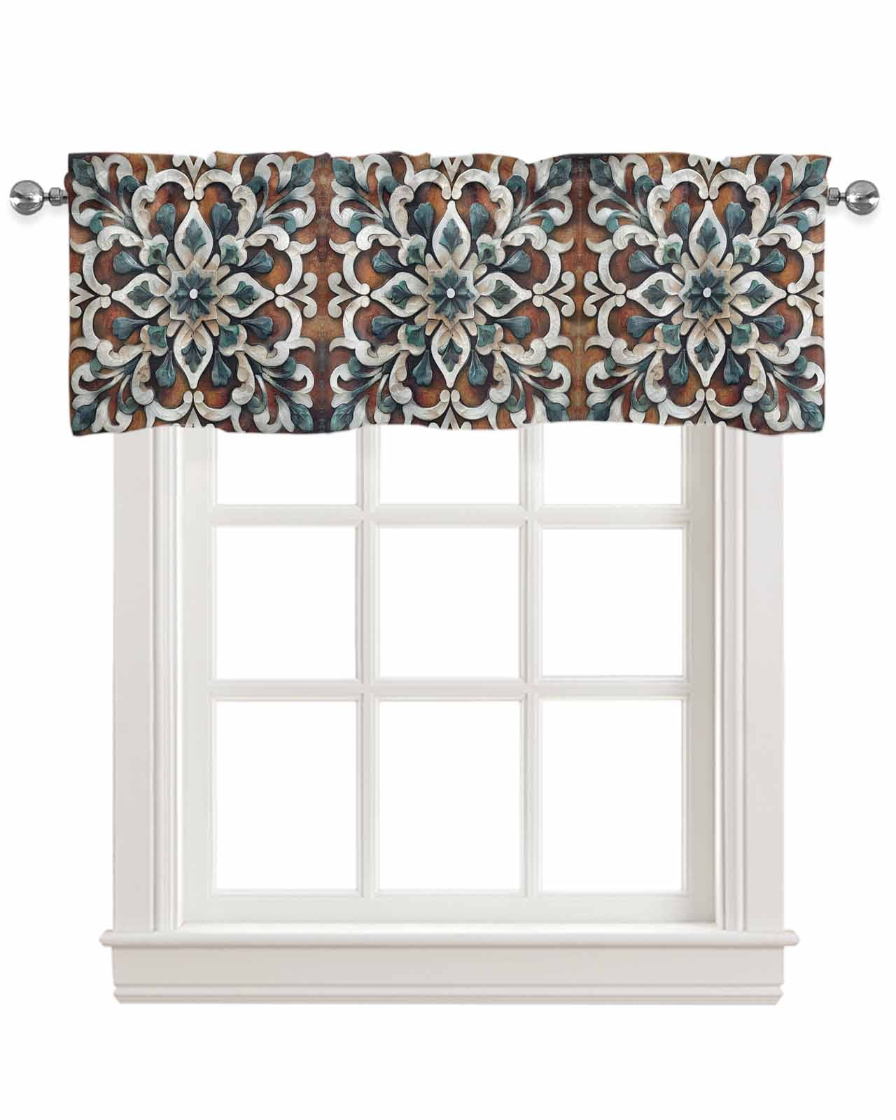 Brown Teal Boho Kitchen Valances for Windows Farmhouse Linen Window ...