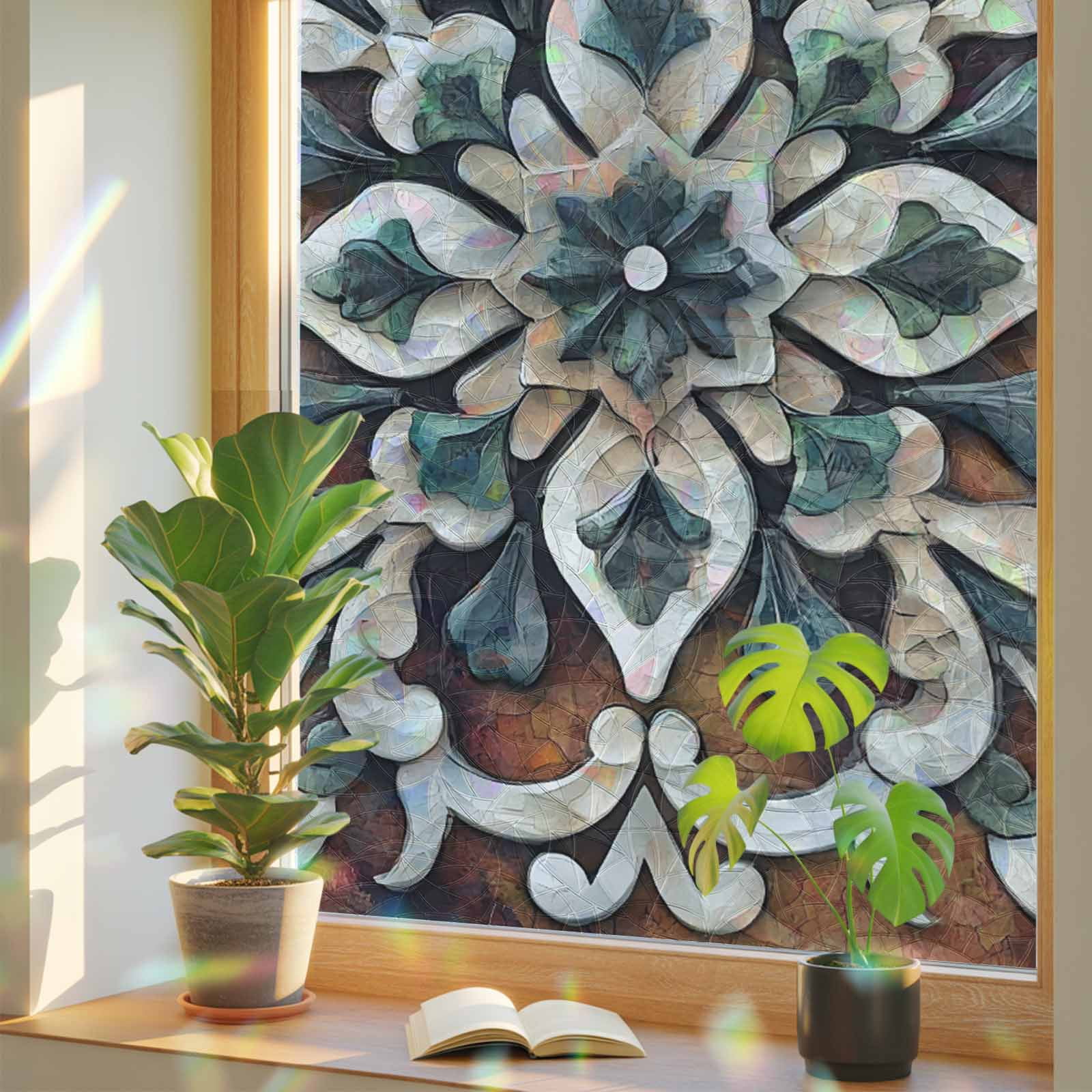 Brown Teal Boho Privacy Window Film, Decorative Stained Glass Window ...
