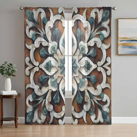 Brown Teal Boho Sheer Curtains 63 Inch Length 2 Panels Set, Ethnic ...
