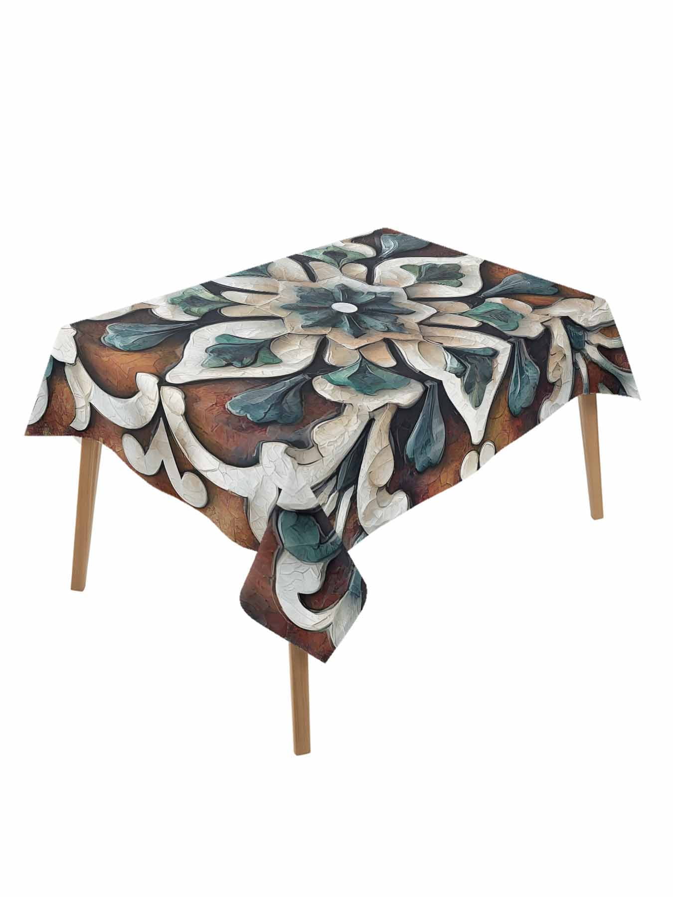Brown Teal Boho Table Cloth, Ethnic Rustic Abstract Flowers Waterproof ...