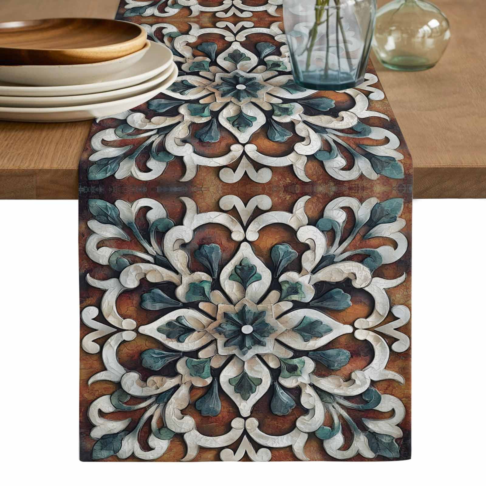 Brown Teal Boho Table Runner, Ethnic Rustic Abstract Flowers Washable ...