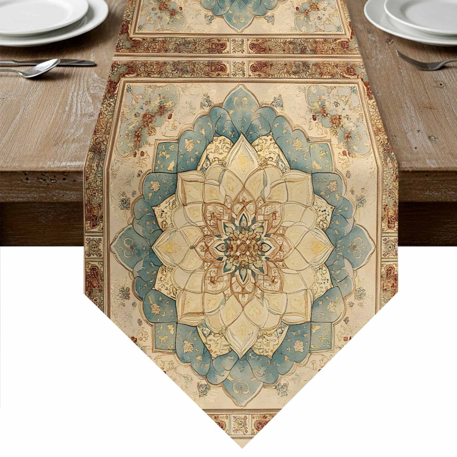 Brown Teal Floral Table Runner Linen Burlap Table Runner 72 Inches Long ...
