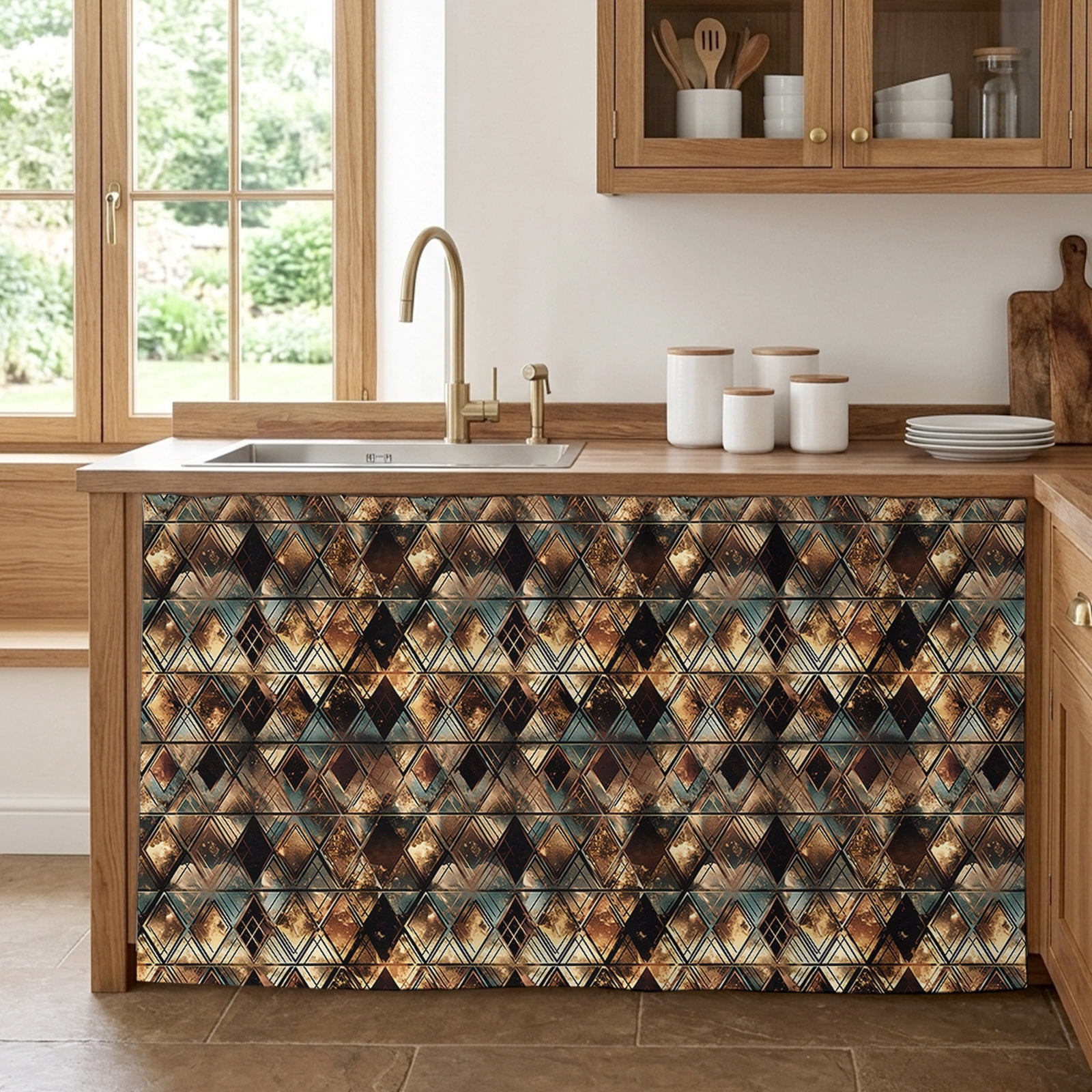 Brown Teal Geometric Cabinet Curtain 28"Wx51"L,Dustproof Storage ...