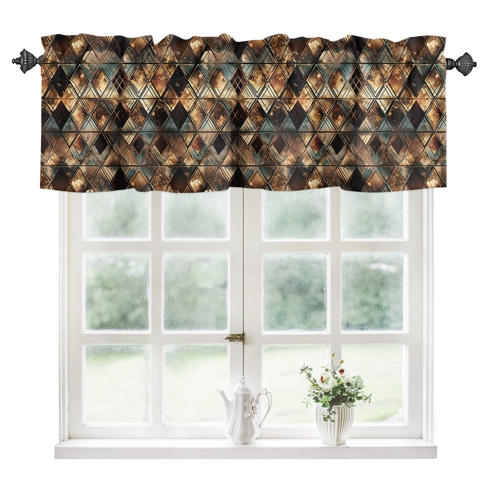 Brown Teal Geometric Kitchen Valances for Windows 60x18 Inch Kitchen ...
