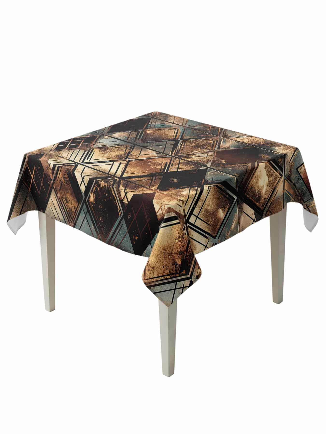 Brown Teal Geometric Table Cloth, Retro Modern Plaid Abstract Art ...