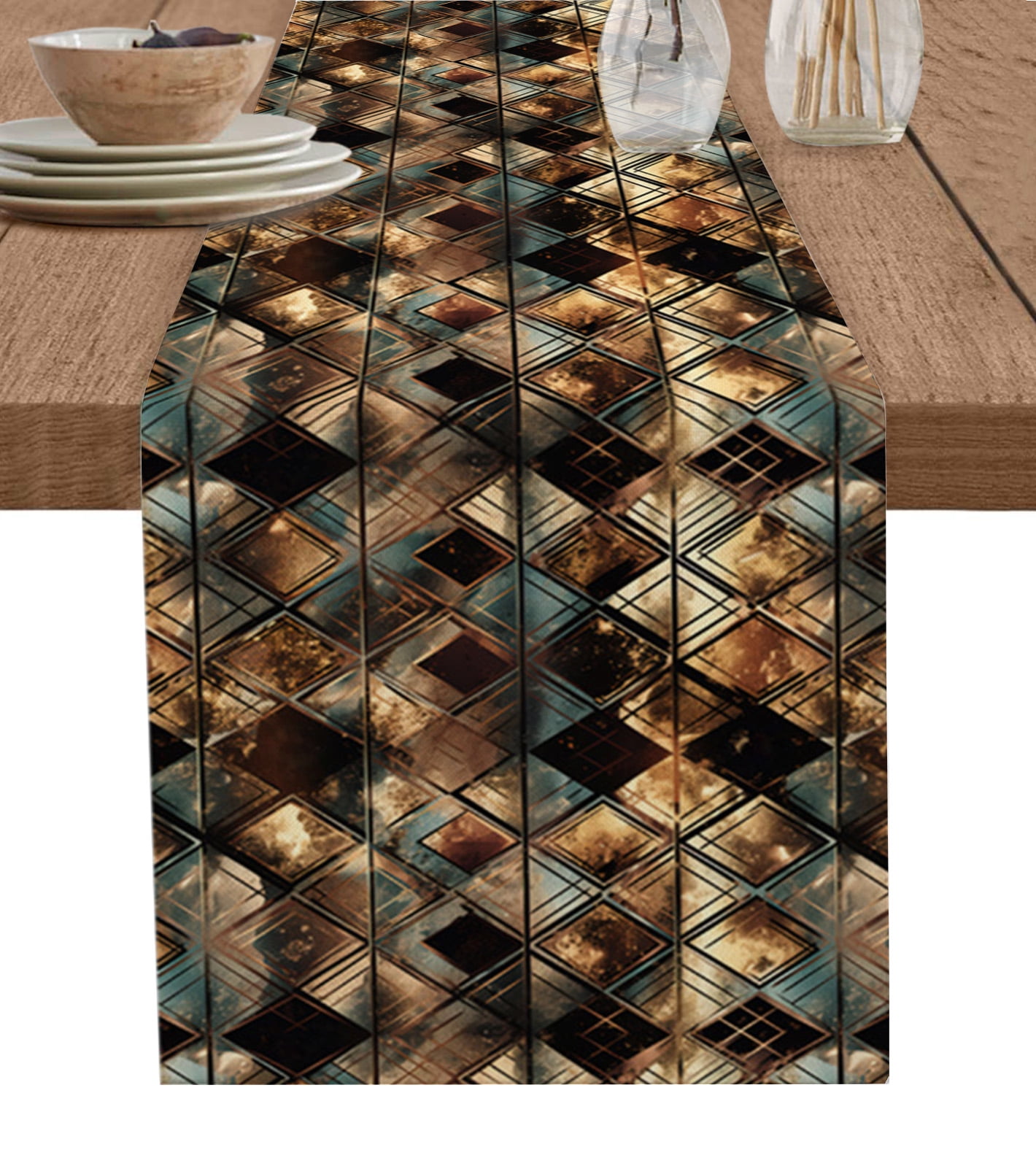 Brown Teal Geometric Table Runner Retro Modern Plaid Abstract Art ...