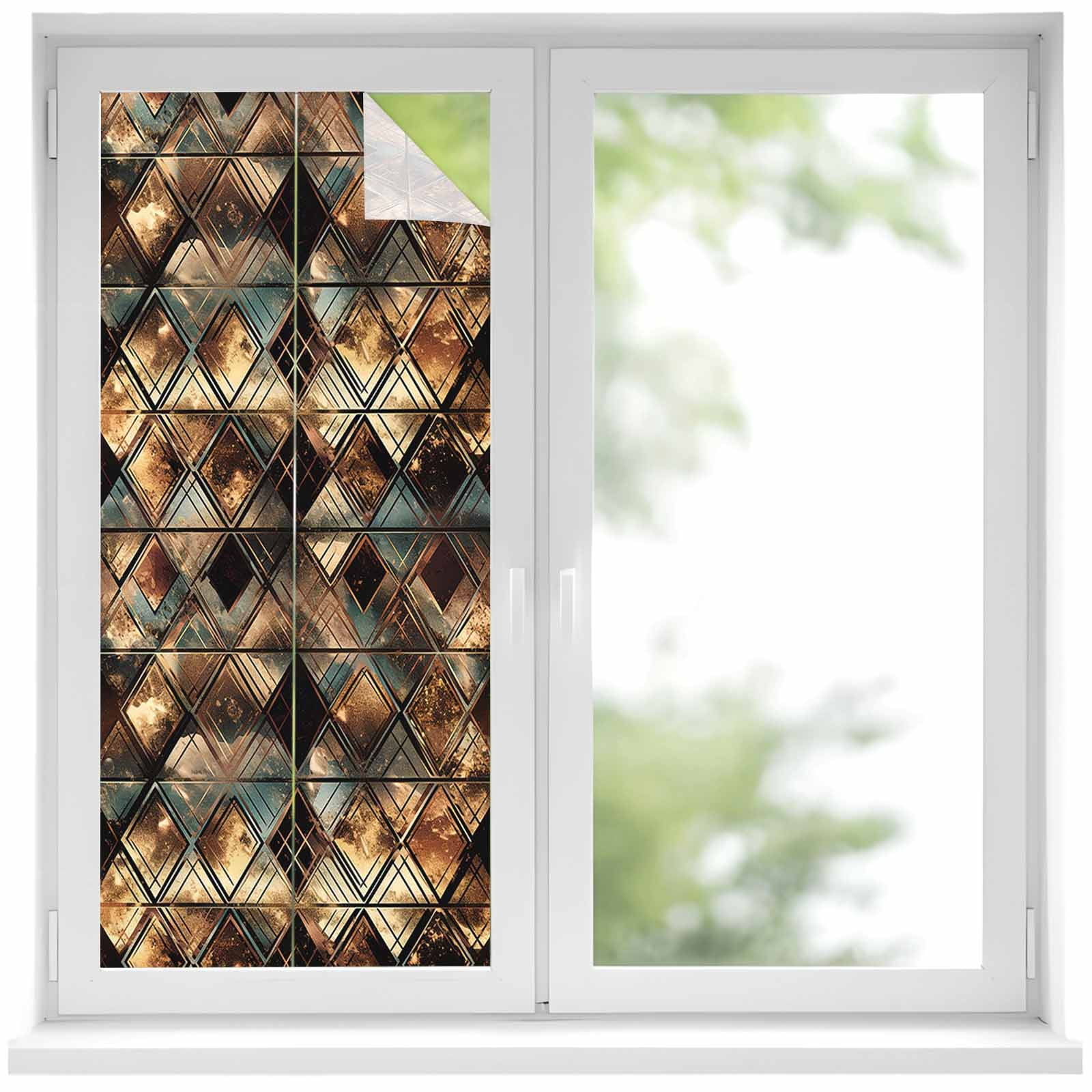 Brown Teal Geometric Window Privacy Film, Retro Modern Plaid Abstract ...