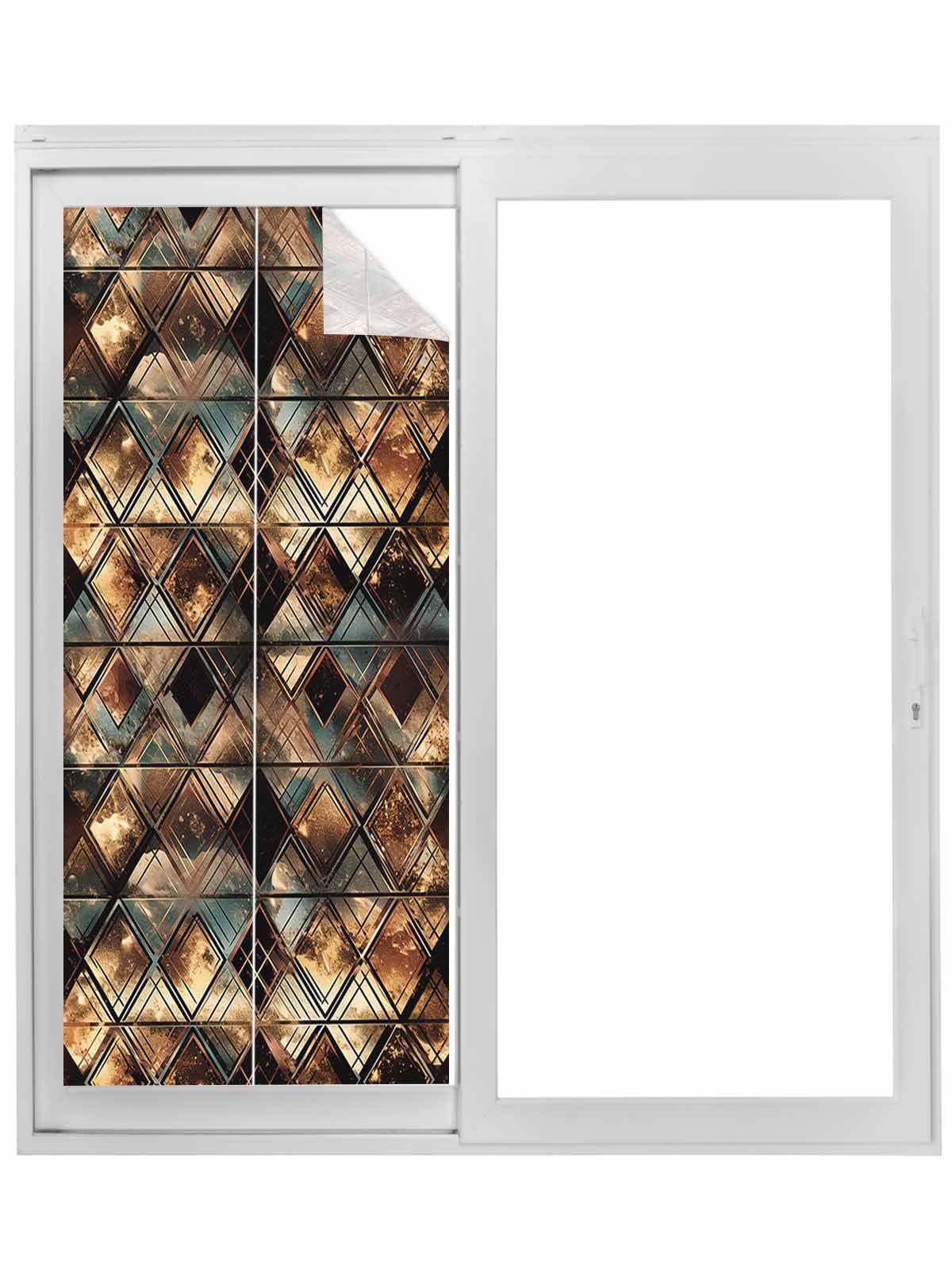 Brown Teal Geometric Window Privacy Film, Retro Modern Plaid Abstract ...
