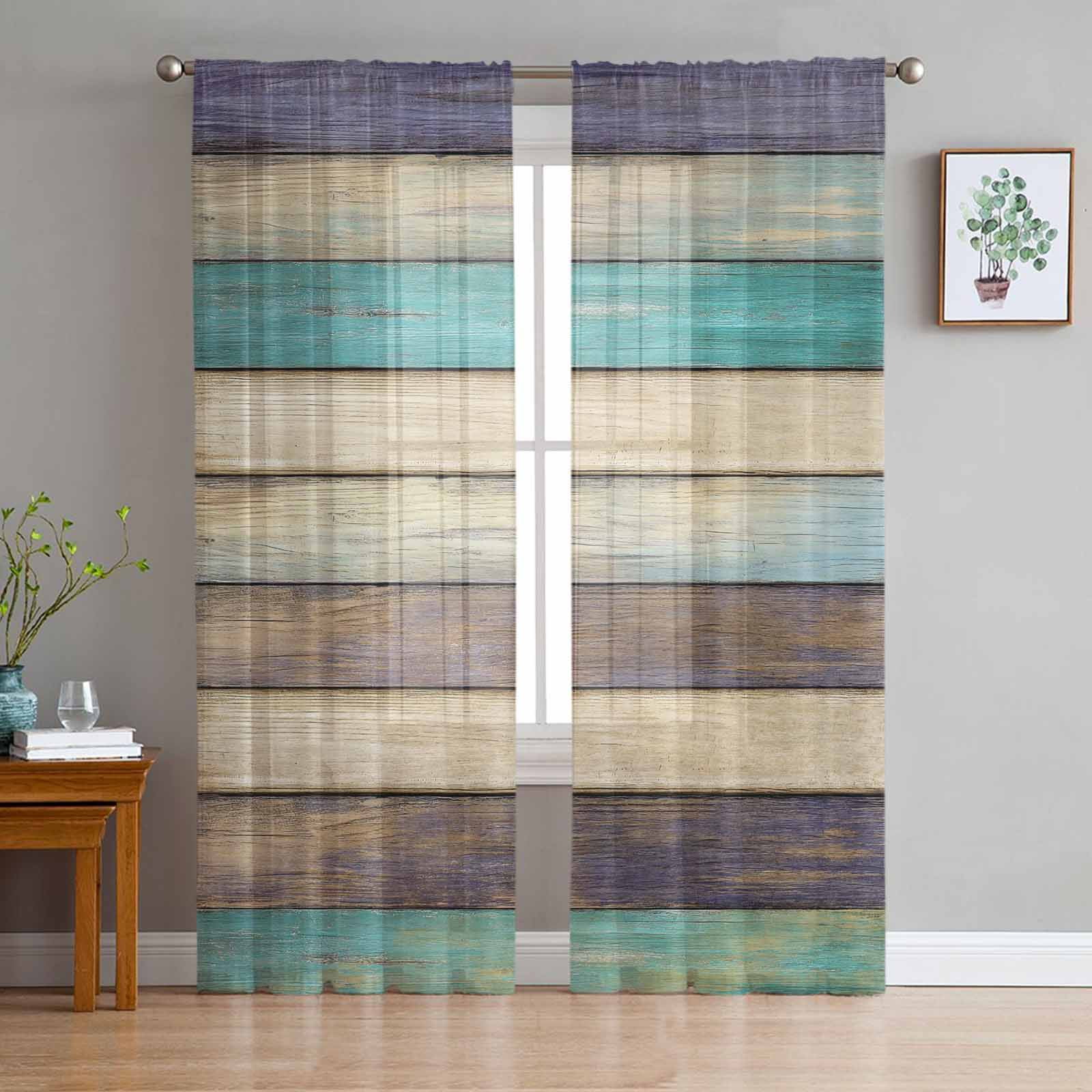 Brown Teal Home Sheer Curtains 63 Inch Length 2 Panels Set for Living ...