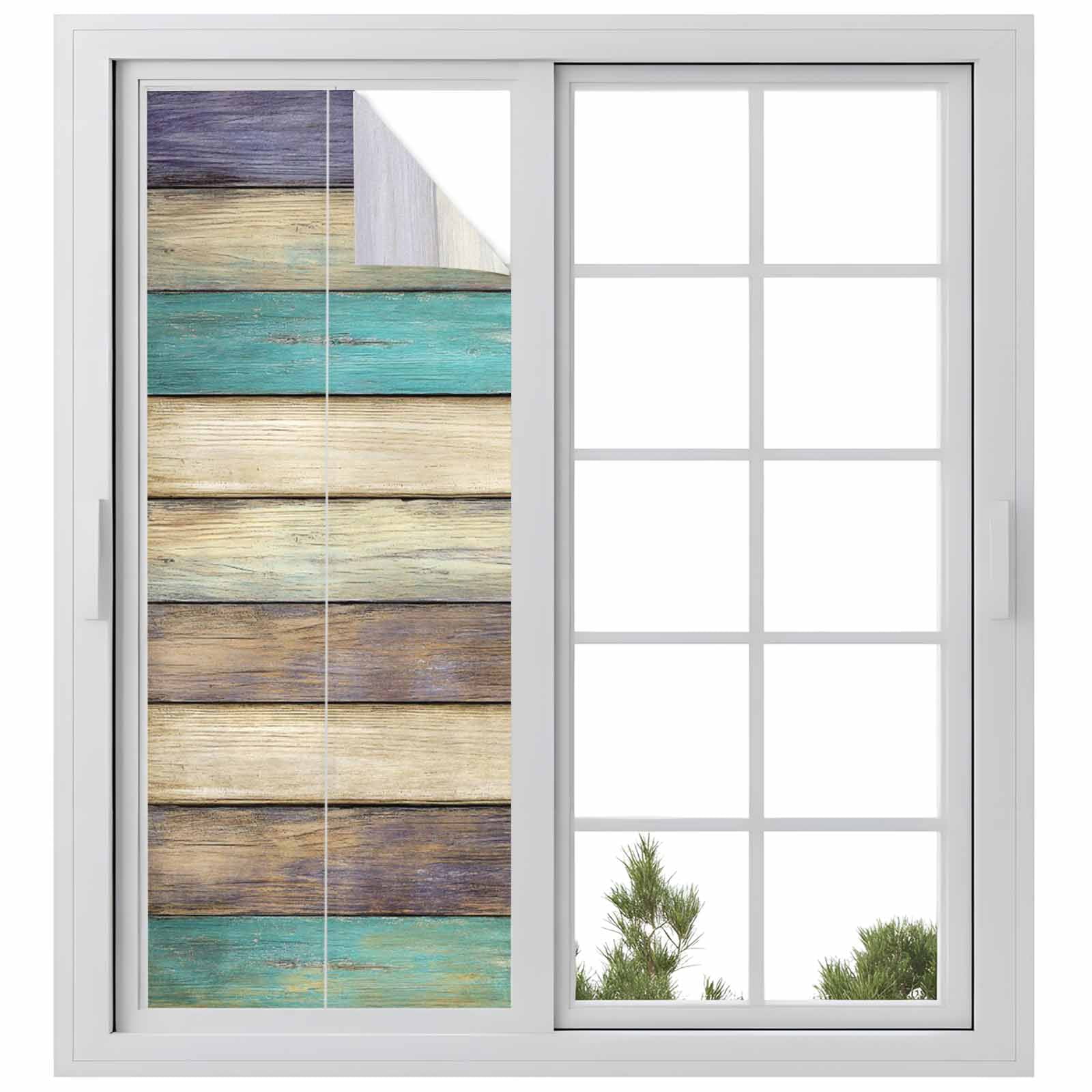 Brown Teal Home Window Privacy Film, Vintage Farmhouse Retro Wooden ...