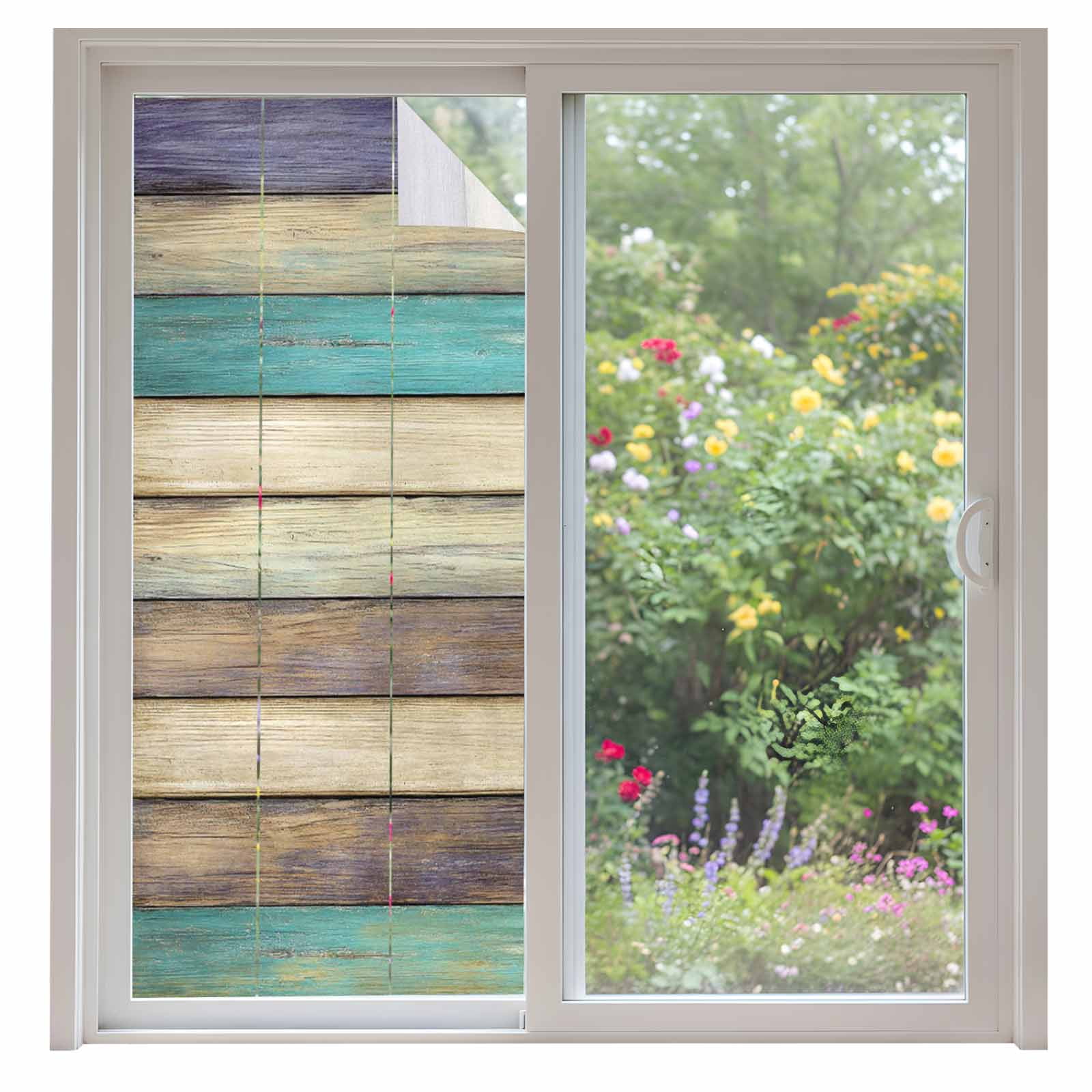 Brown Teal Home Window Privacy Film, Vintage Farmhouse Retro Wooden ...