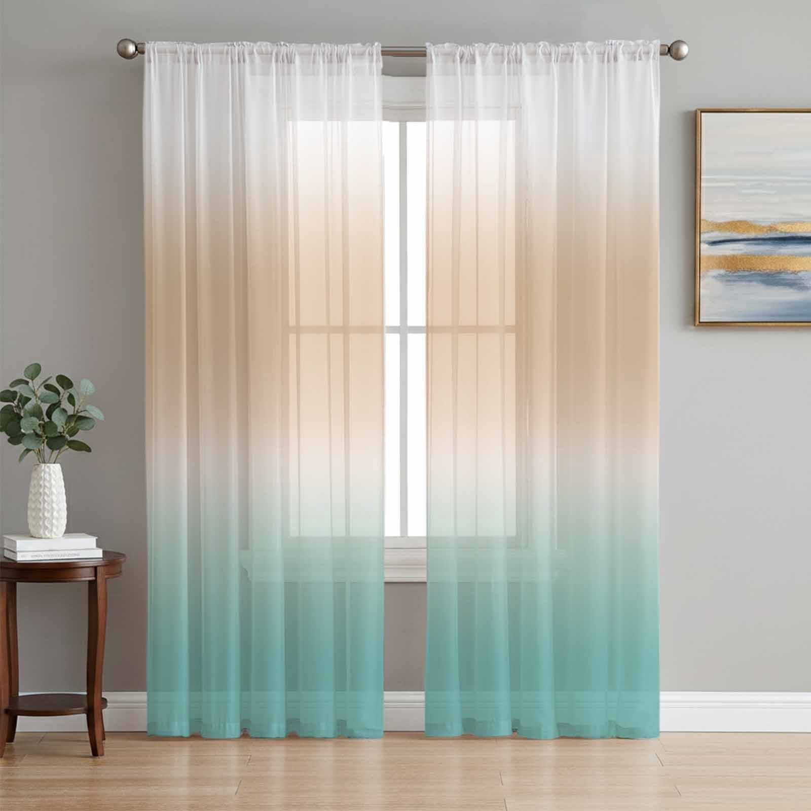 Brown Teal Ombre Sheer Curtains 84 Inch Length 2 Panels Set, Modern ...