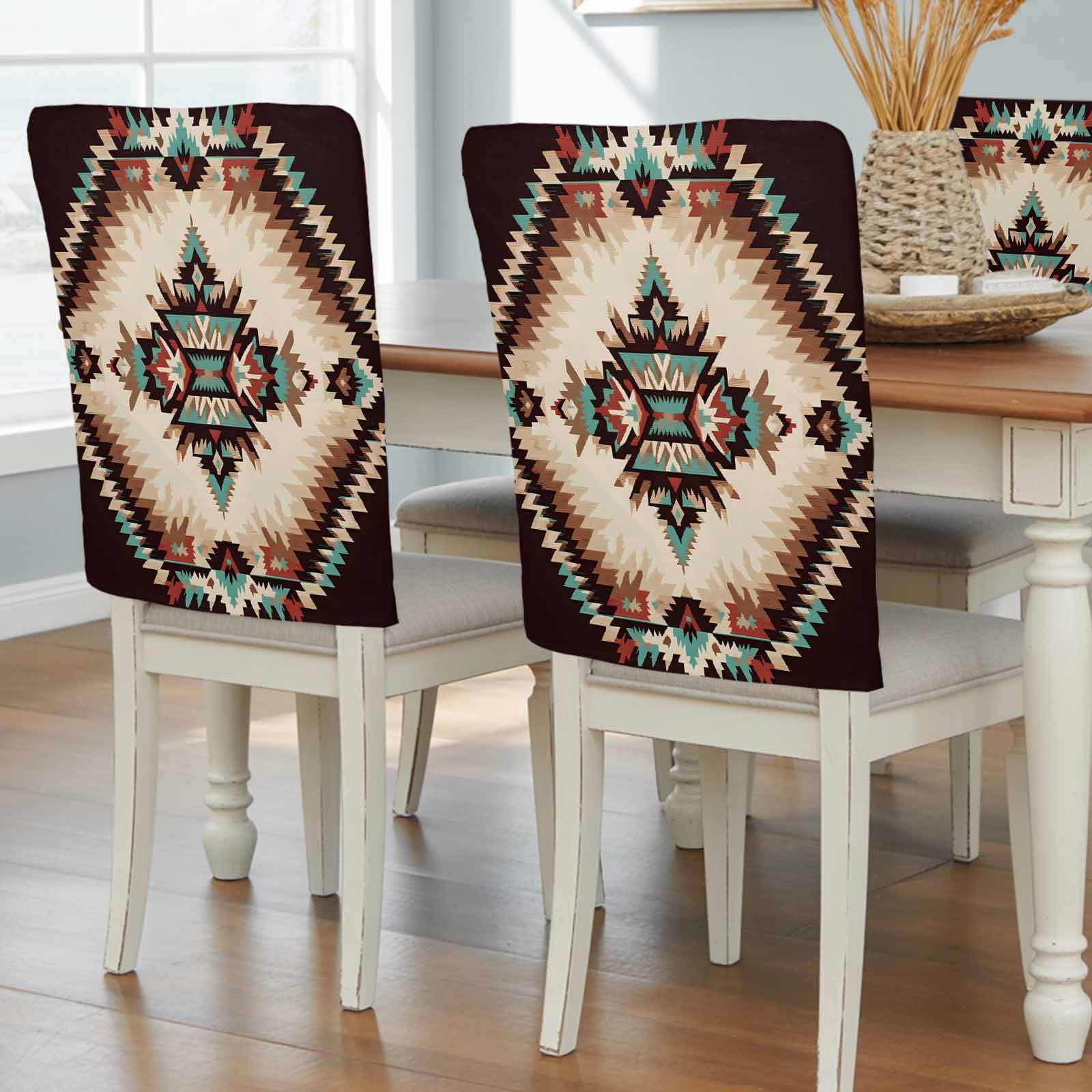 Brown Teal Red Boho Chair Back Covers, Ethnic Vintage Geometric ...