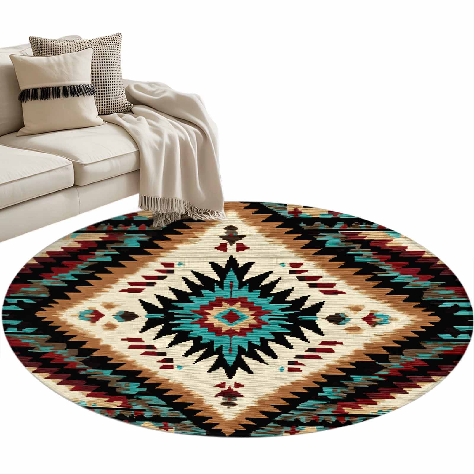 Brown Teal Red Boho Round Area Rug 4 FT, Non Slip Indoor Outdoor Rug ...