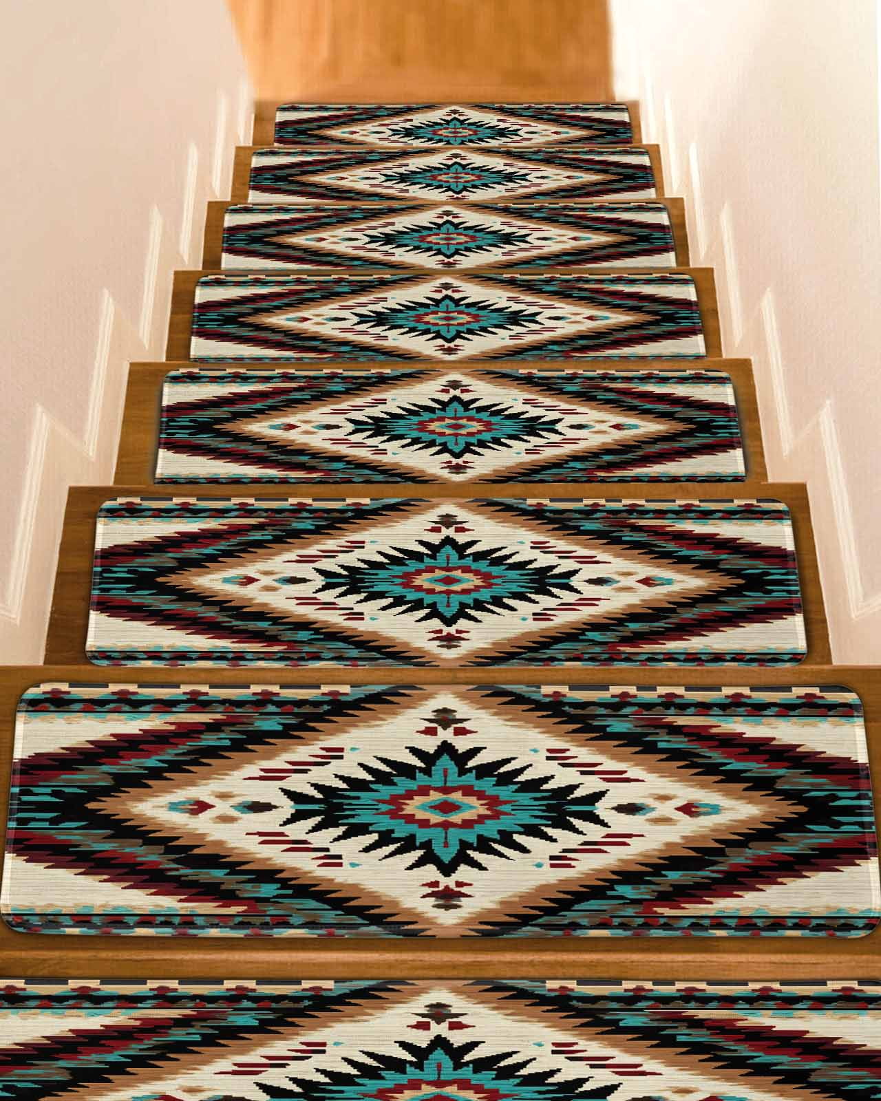 Brown Teal Red Boho Stair Treads for Wooden Steps Indoor Runner Rug ...