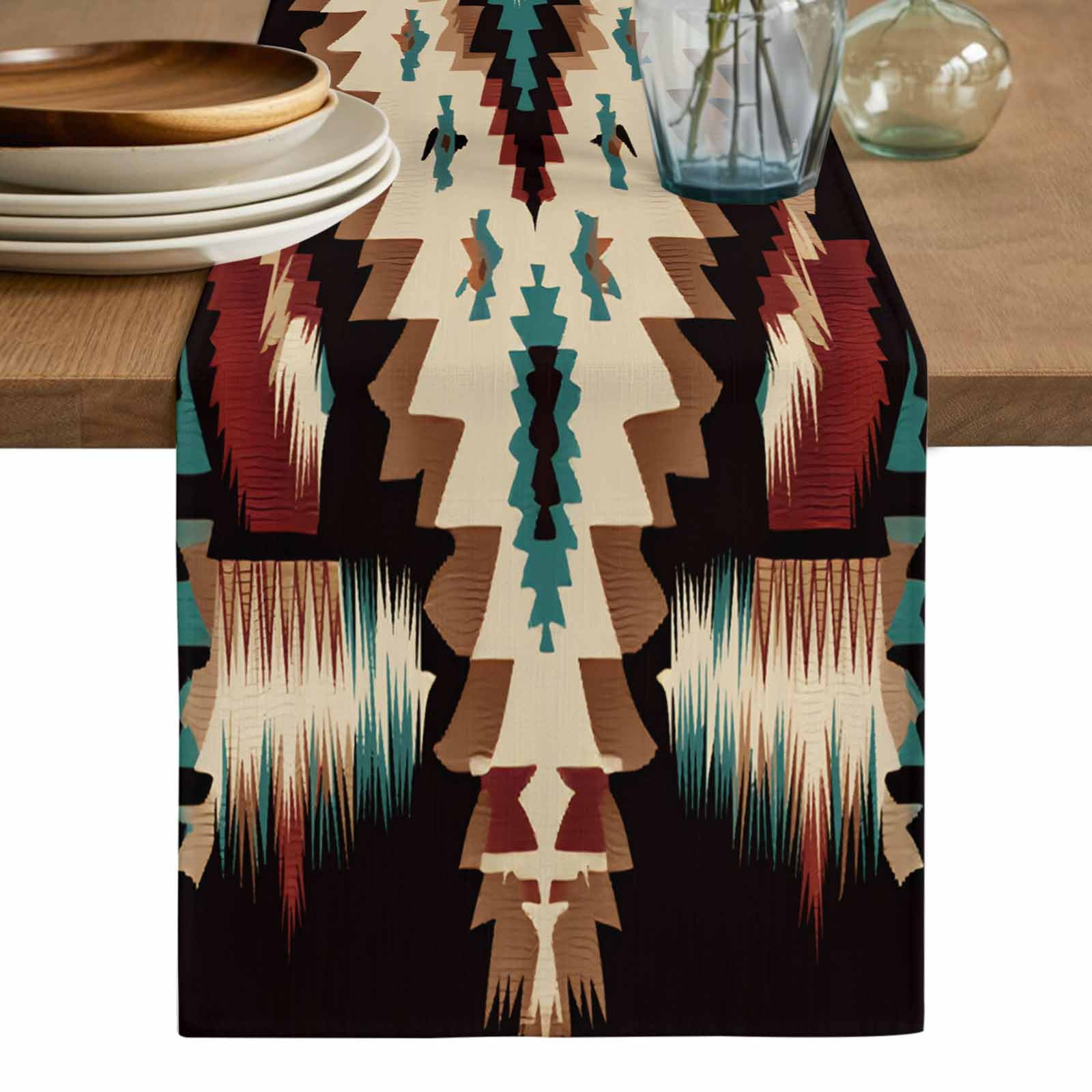 Brown Teal Red Boho Table Runner, Southwestern Vintage Geometric Art ...