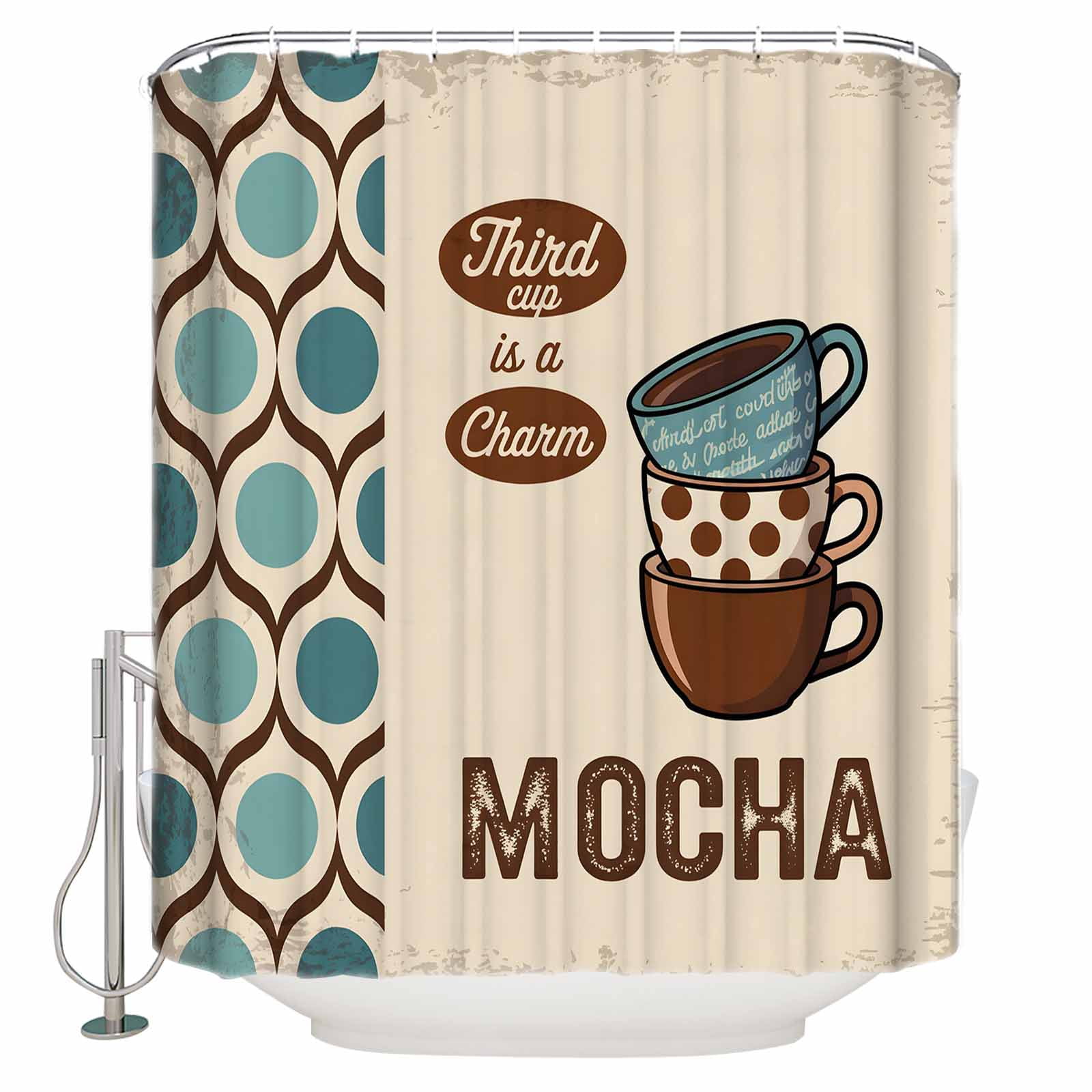 Brown Teal Retro Coffee Bathroom Shower Curtains with 12 Hooks ...