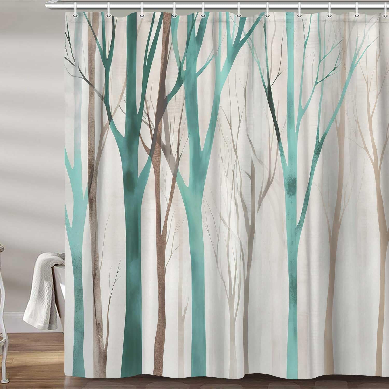 Brown Teal Tree Fabric Shower Curtain, Art Style Abstract Birch Forest ...