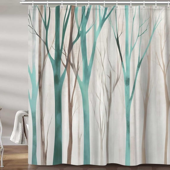 Brown Teal Tree Fabric Shower Curtain, Art Style Abstract Birch Forest ...