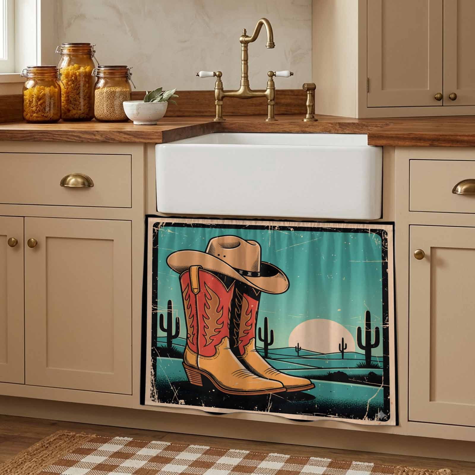Brown Teal Western Cabinet Curtains 28"W x 35L, Vintage Cactus ...