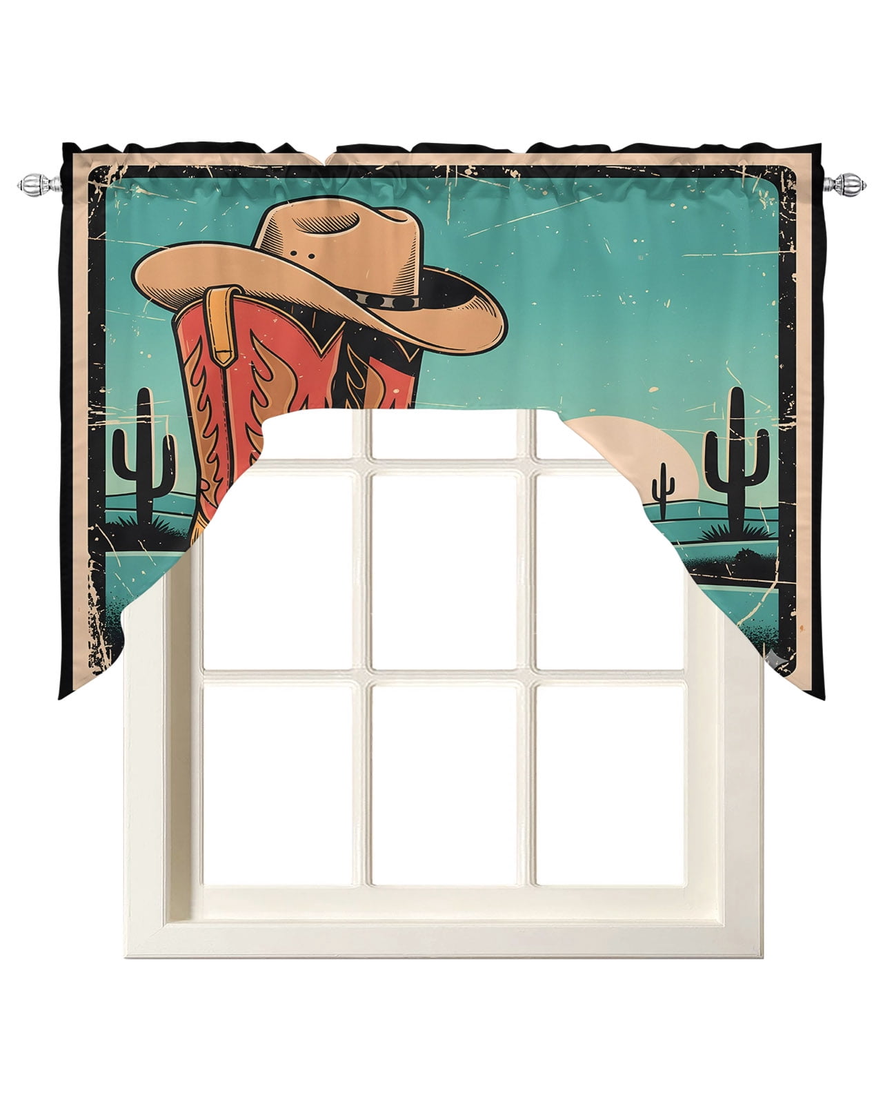 Brown Teal Western Kitchen Swag Valances for Windows, Vintage Cactus ...