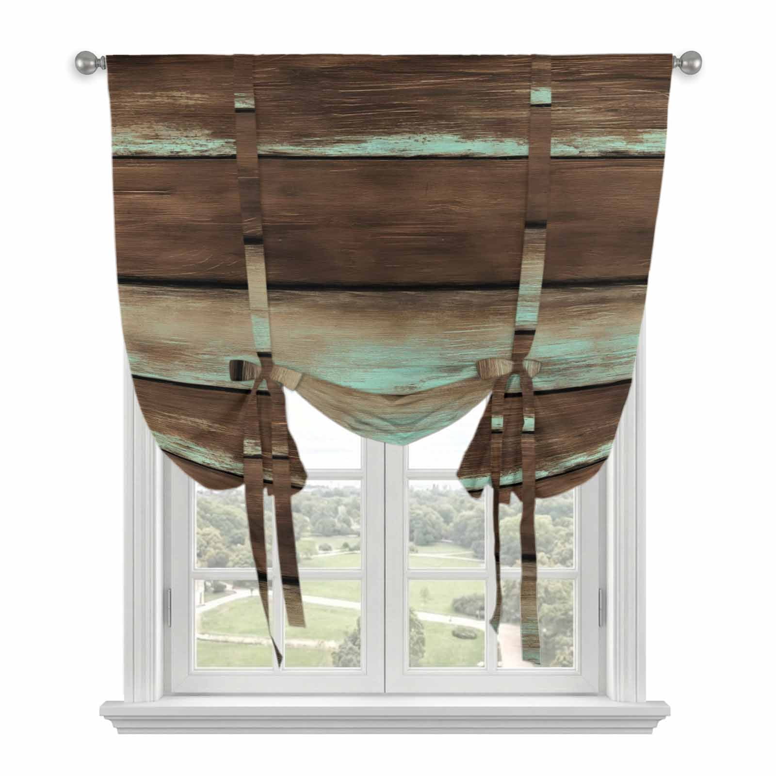 Brown Teal Wooden Tie Up Curtains for Windows, Adjustable Balloon ...