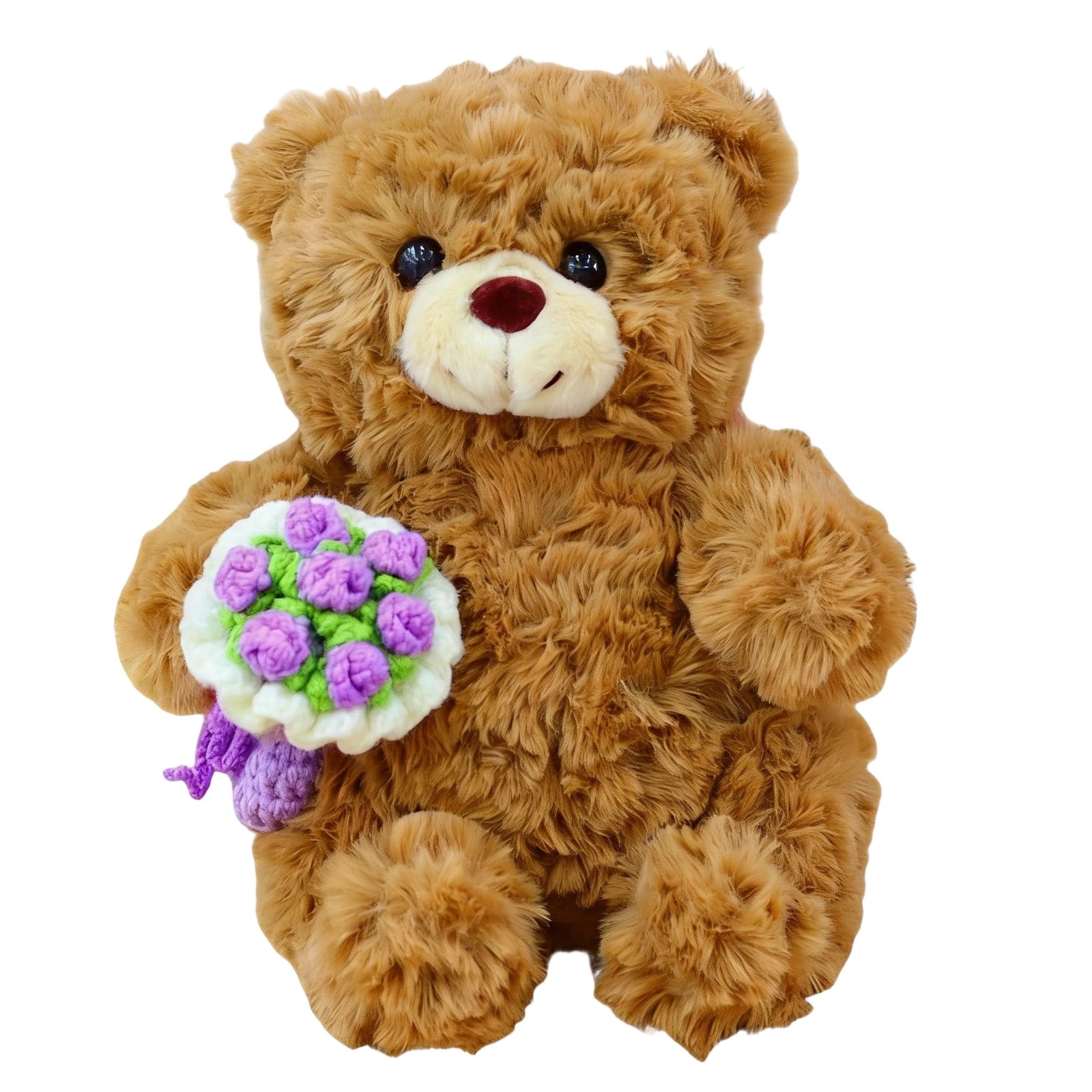Brown Teddy Bear Plush Pillow with Purple Bouquet, Cute Teddy Bear ...