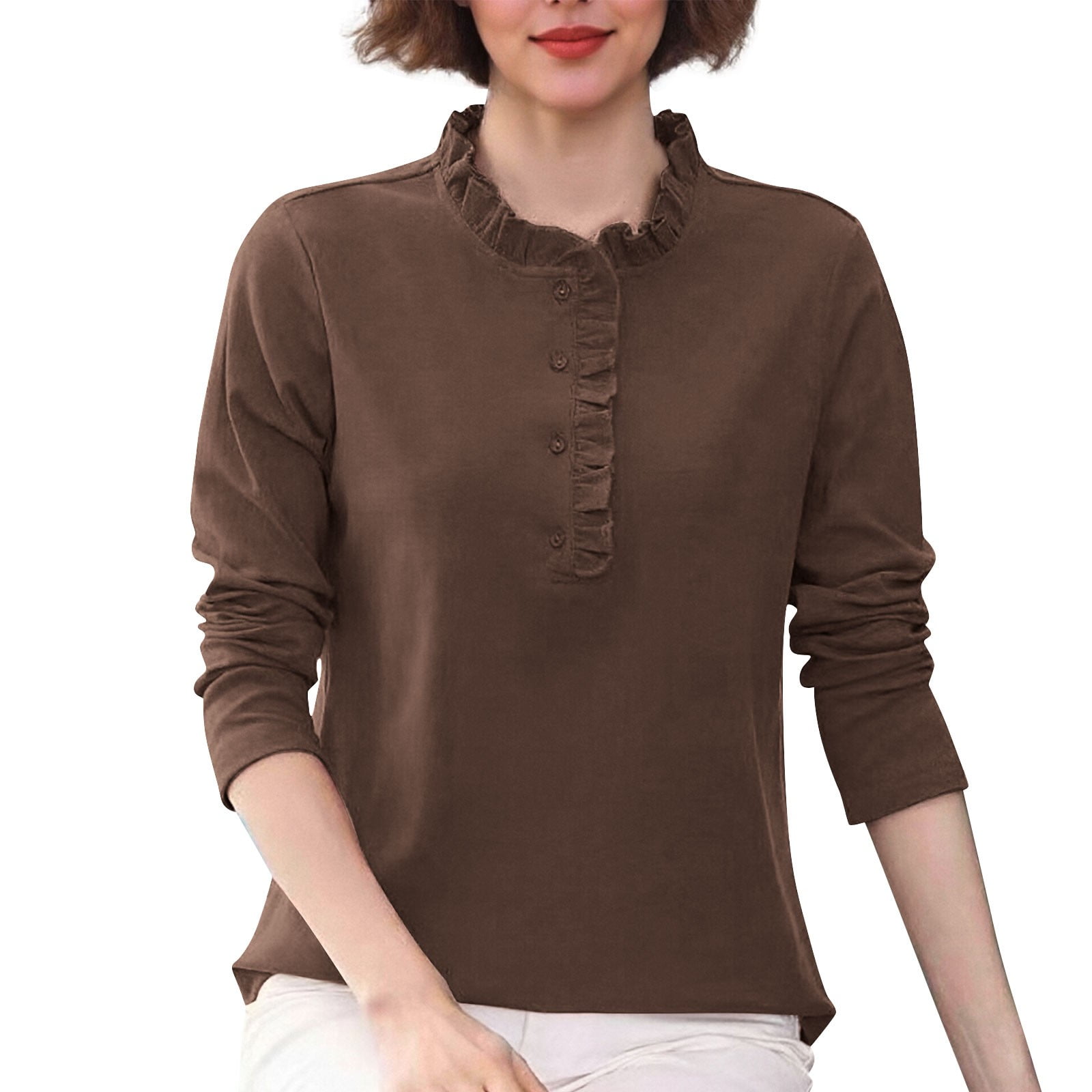 Brown Teen Girls Button Tshirts Long Sleeve Tee Tops for Women Crew ...