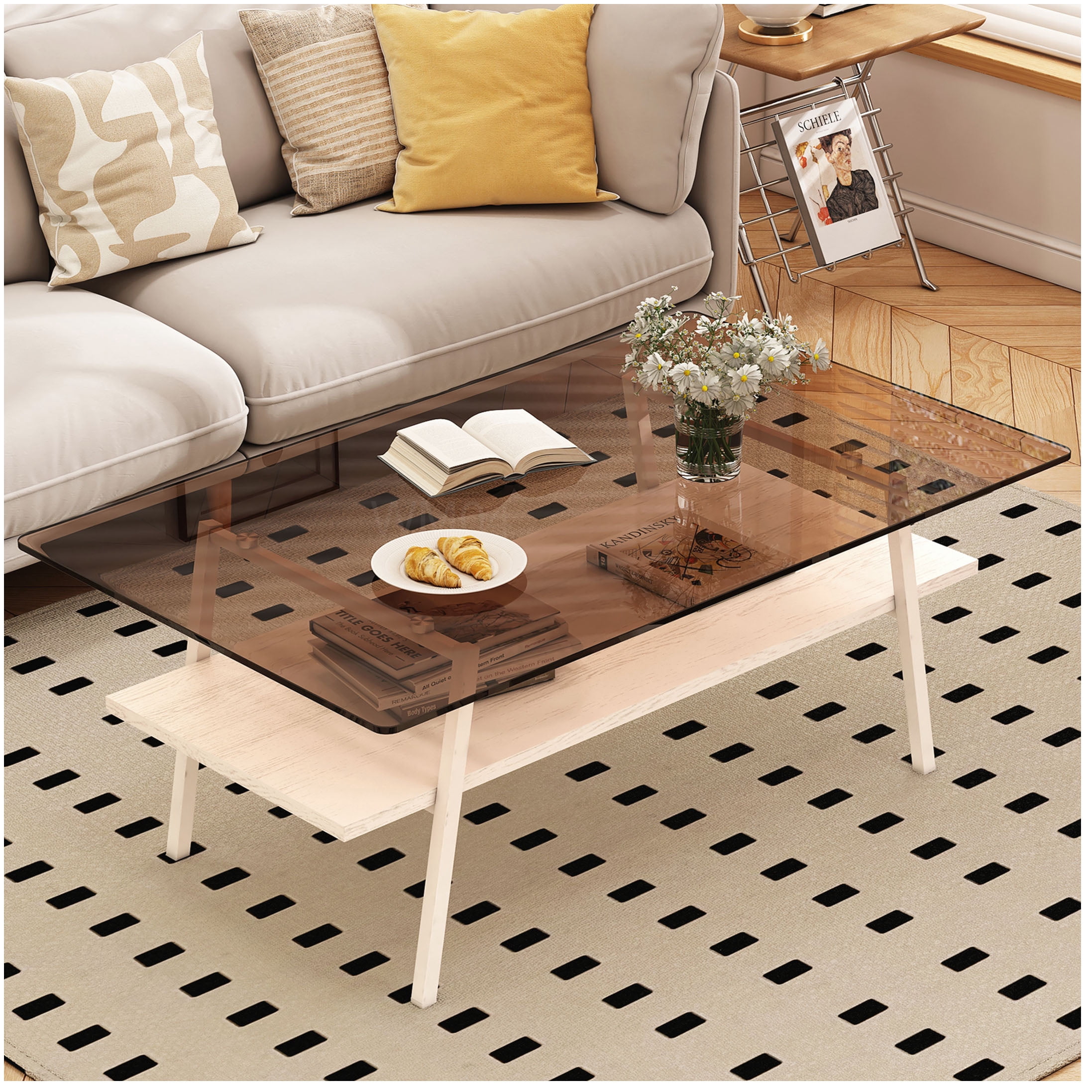 Brown Tempered Glass Rectangle Coffee Table with White Metal Legs ...