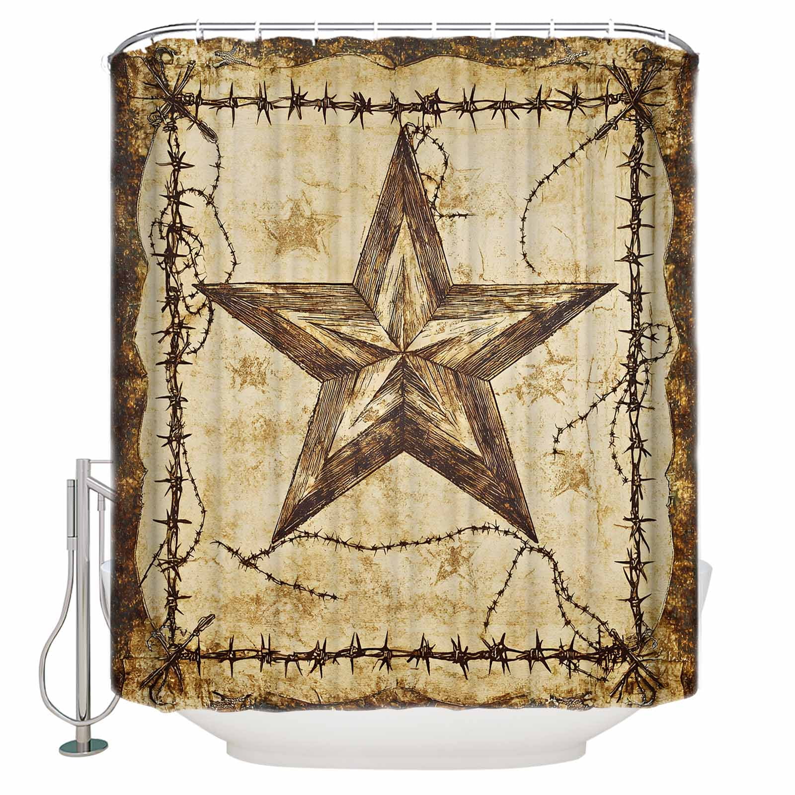 Brown Texas Star Country Bathroom Shower Curtains with 12 Hooks ...