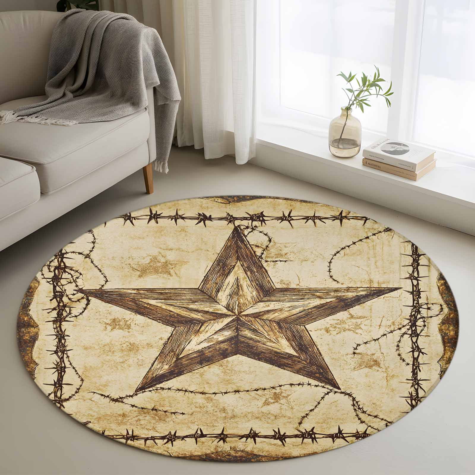 Brown Texas Star Country Round Area Rug 4 FT, Non Slip Indoor Outdoor ...