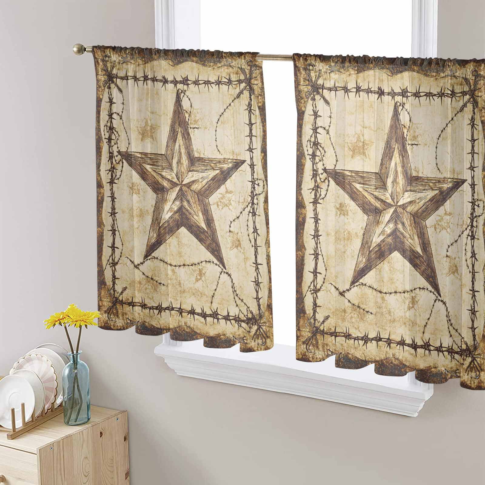 Brown Texas Star Country Sheer Curtains 45 Inch Length 2 Panels Set for ...