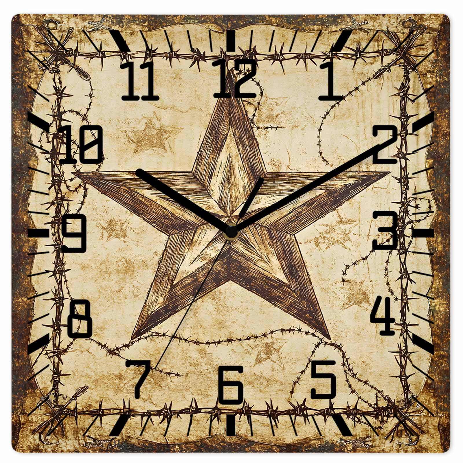 Brown Texas Star Country Wooden Wall Clock Silent Non Ticking, Western ...