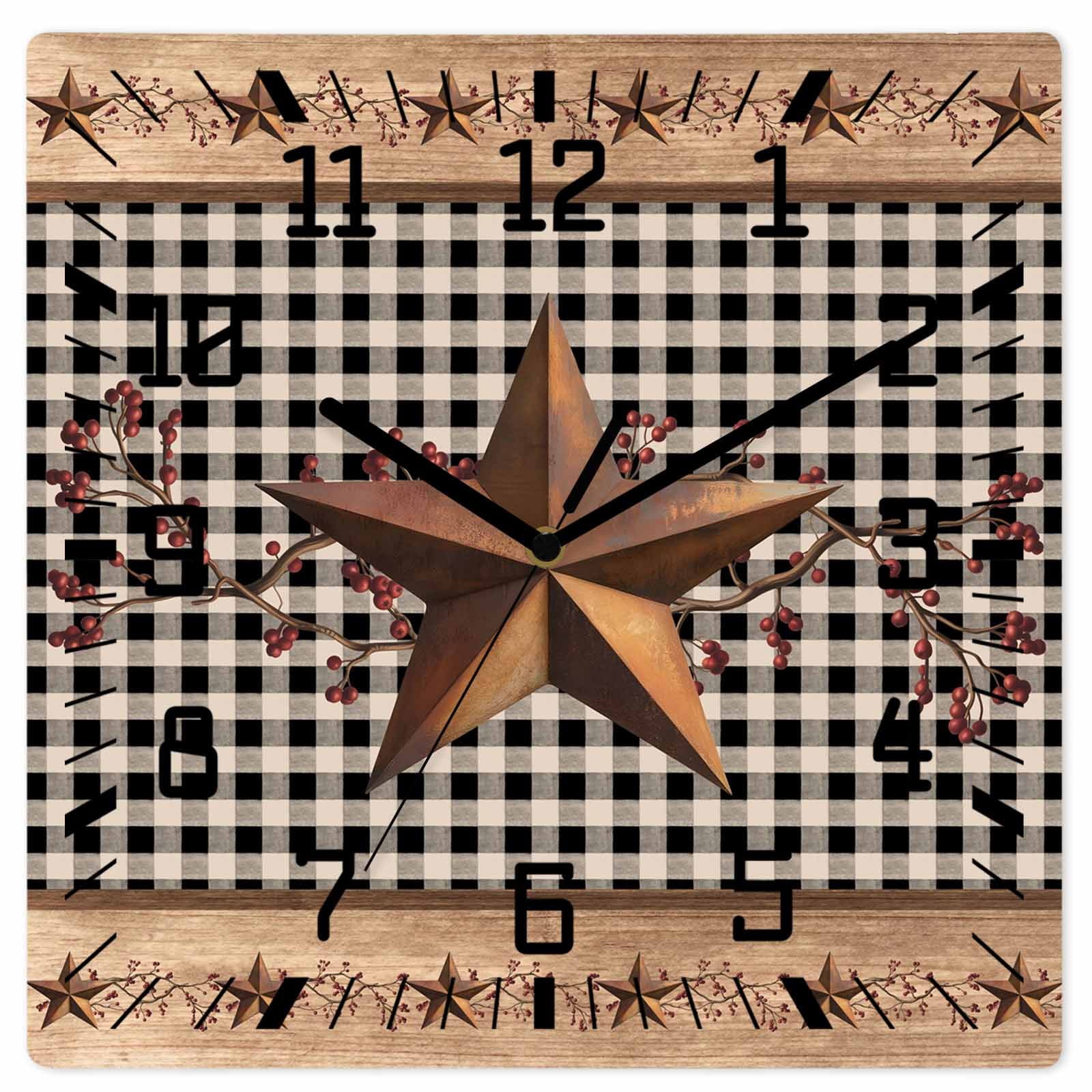 Brown Texas Star Retro Wooden Wall Clock Silent Non Ticking, Country ...
