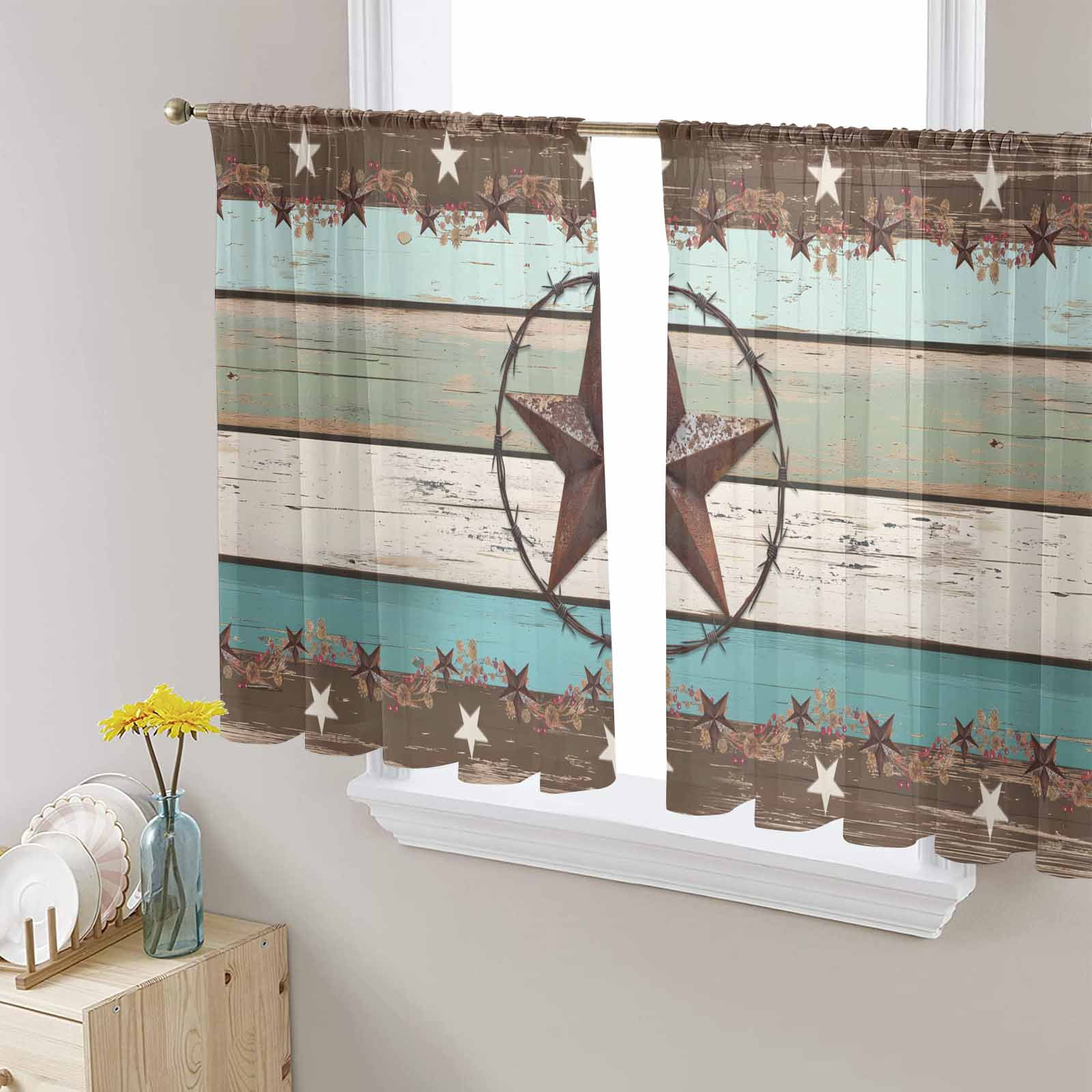Brown Texas Star Teal Semi Sheer Window Curtains 54 Inches Long ...