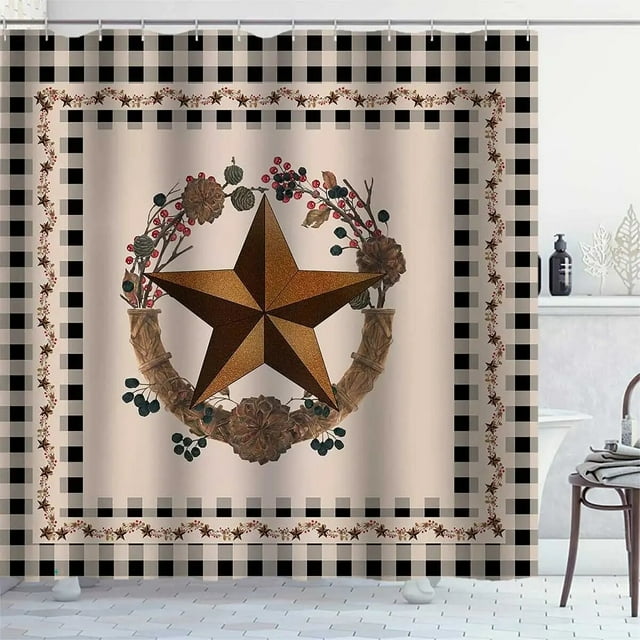 Brown Texas Star Western Shower Curtains Primitive Star Red and Beige ...