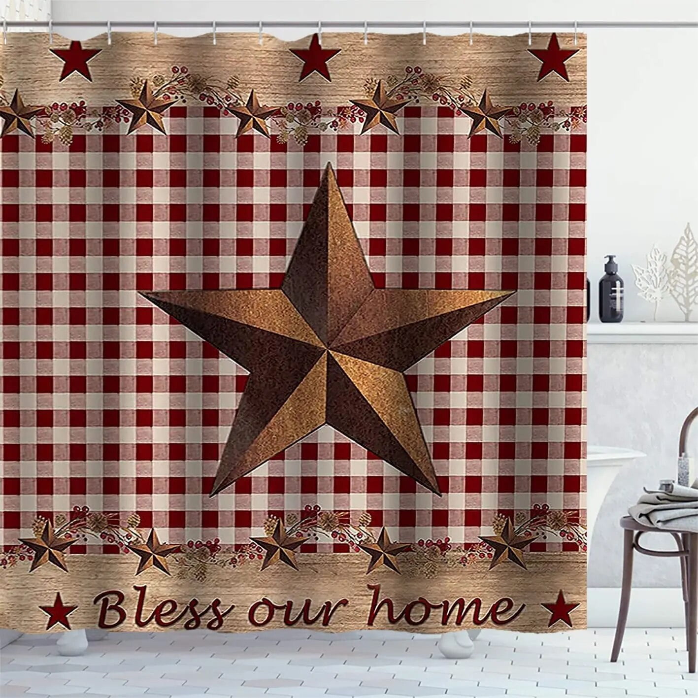 Brown Texas Star Western Shower Curtains Primitive Star Red and Beige ...