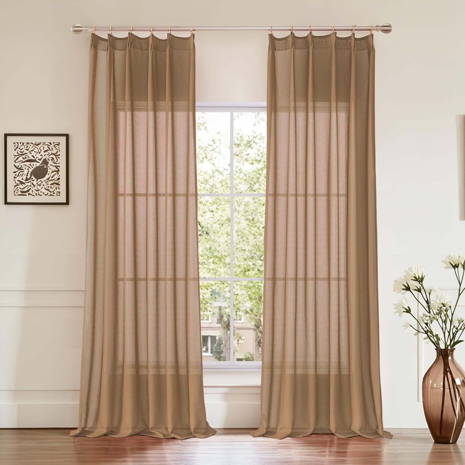 Brown Textured Sheer Sliding Door Curtains, Pinch Pleated Light ...