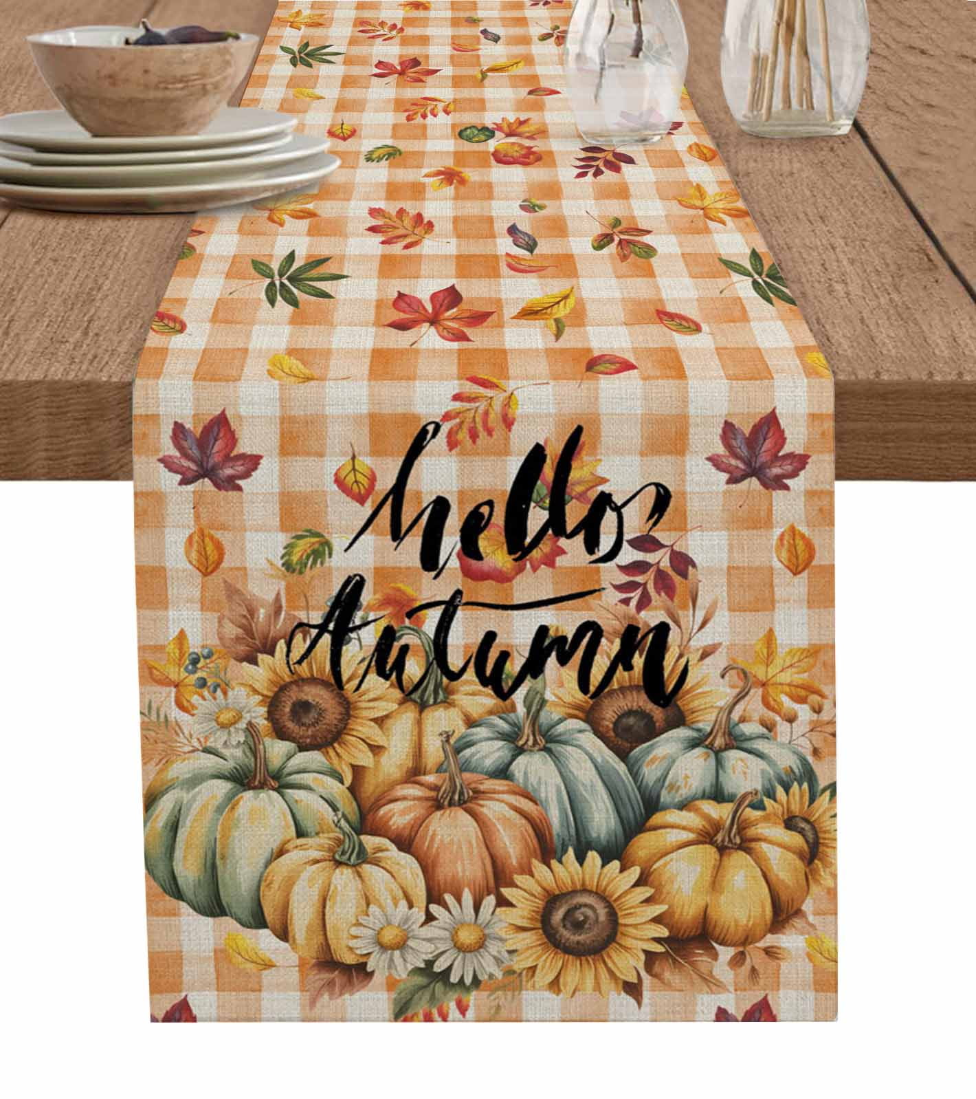 Brown Thanksgiving Pumpkin Burlap Cotton Table Runner 16x72 Inches Long, Fall Sunflowers Maple ...
