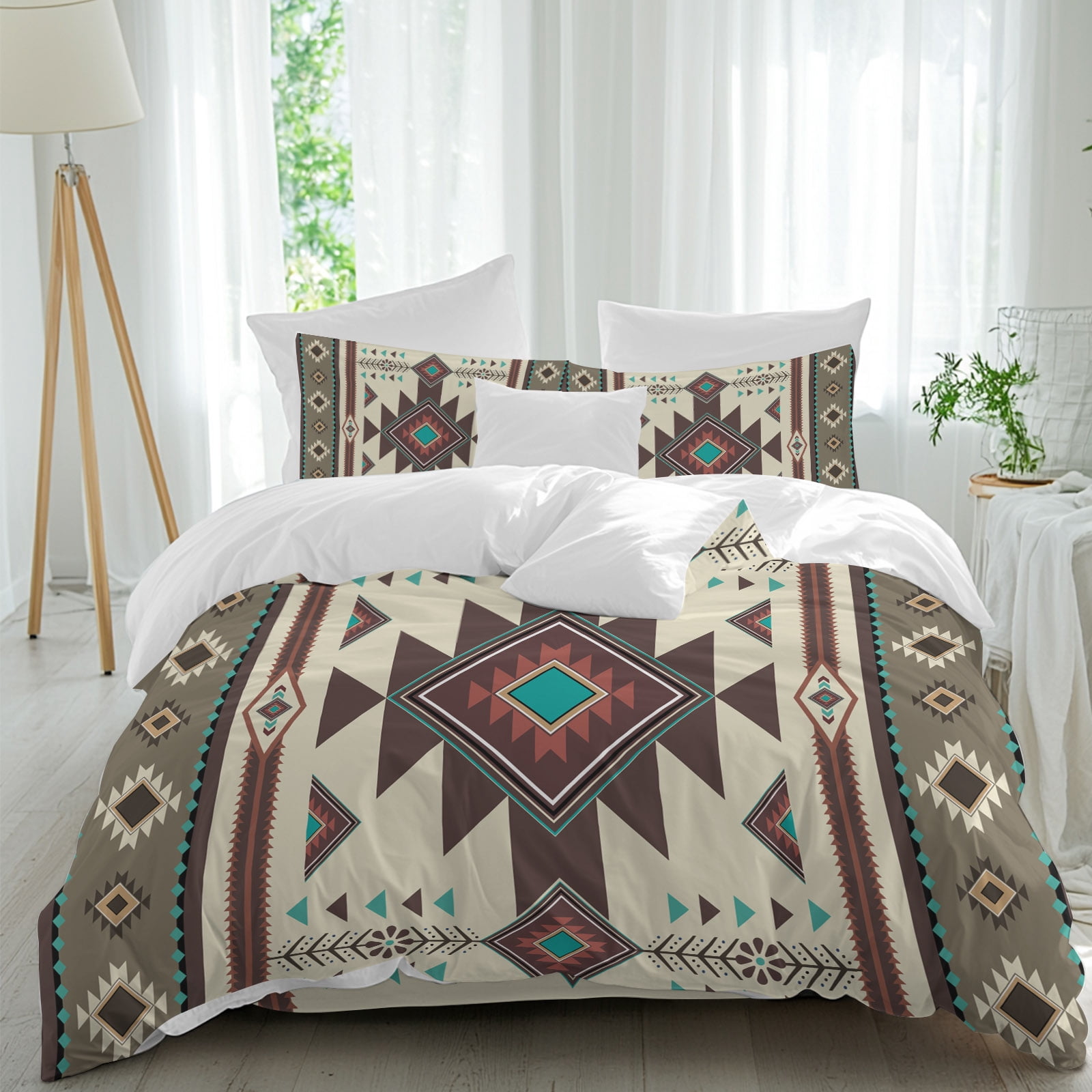 Brown Theme Pattern Duvet Cover Set Queen Size, Retro Bohemian Square ...