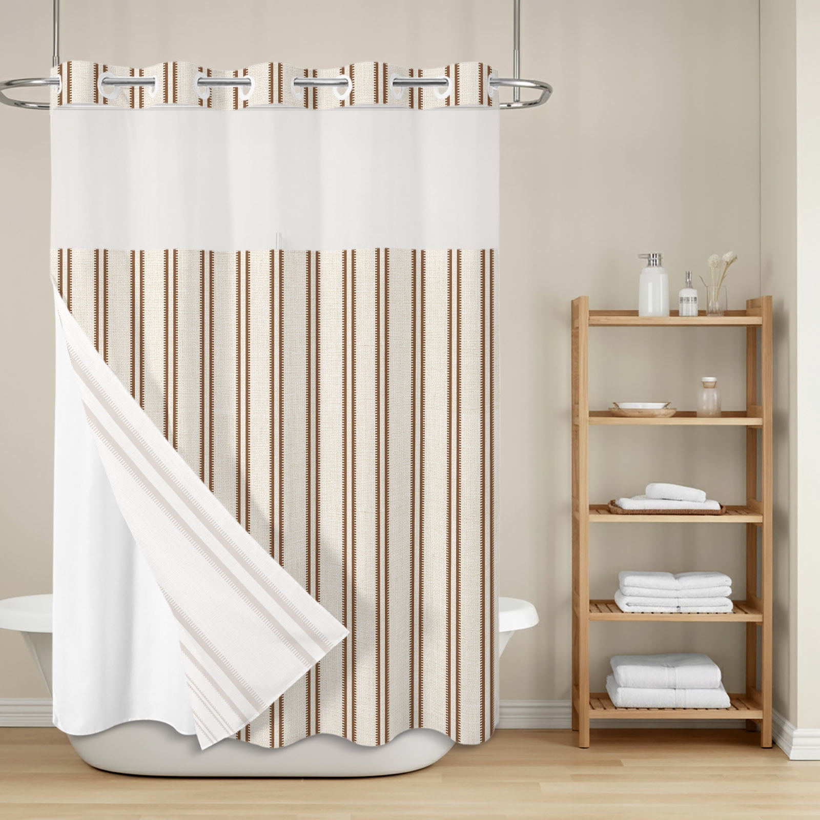 Brown Ticking Stripe No Hook Shower Curtain with Snap in Liner ...