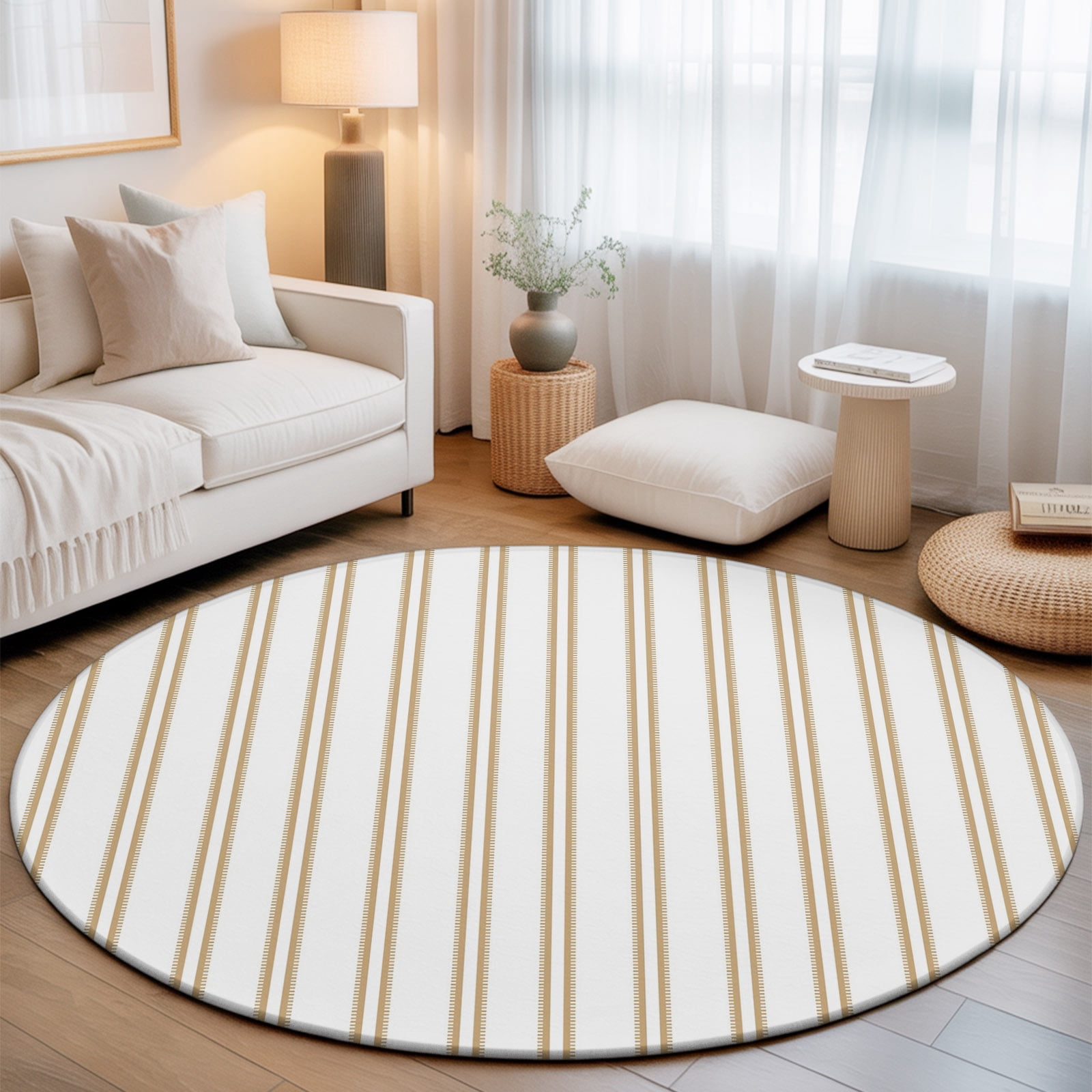 Brown Ticking Stripe Round Area Rugs 3 ft, Minimalist Vertical Lines ...