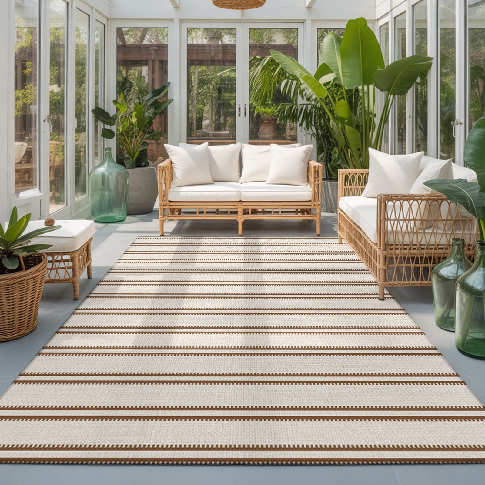 Brown Ticking Stripe Washable Living Room Rugs 9'x12', Minimalist ...