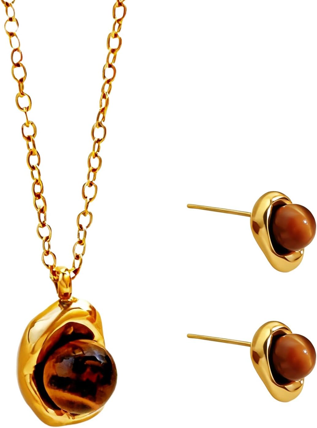 Brown Tigers Eye Stone Necklace and Earrings Set for Women – Chunky ...