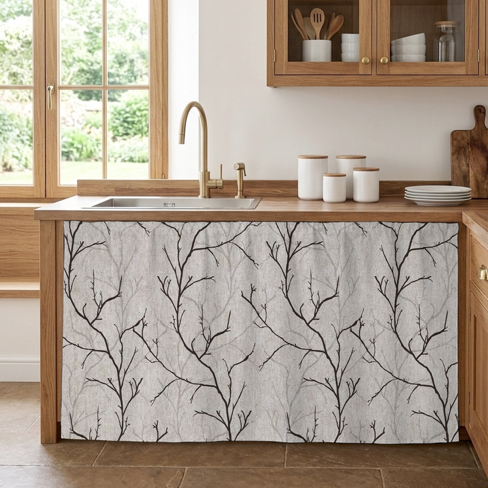 Brown Tree Branch Cabinet Curtains 32" W x 55" L Retro Classic Art ...