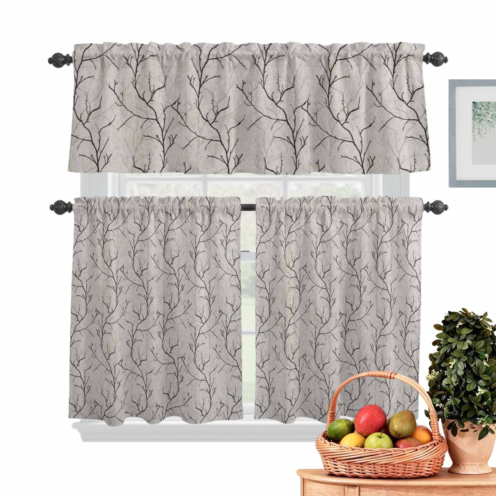 Brown Tree Branch Kitchen Curtains Valances 3 Piece Set, Retro Classic ...