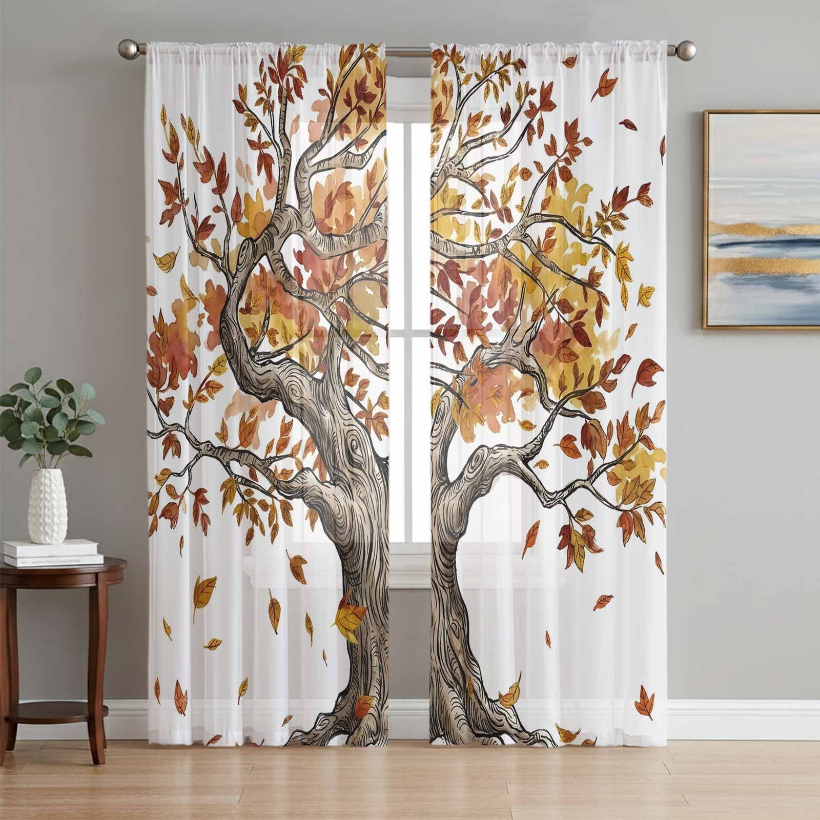 Brown Tree Fall Sheer Curtains 72 Inch Length 2 Panels Set Window ...