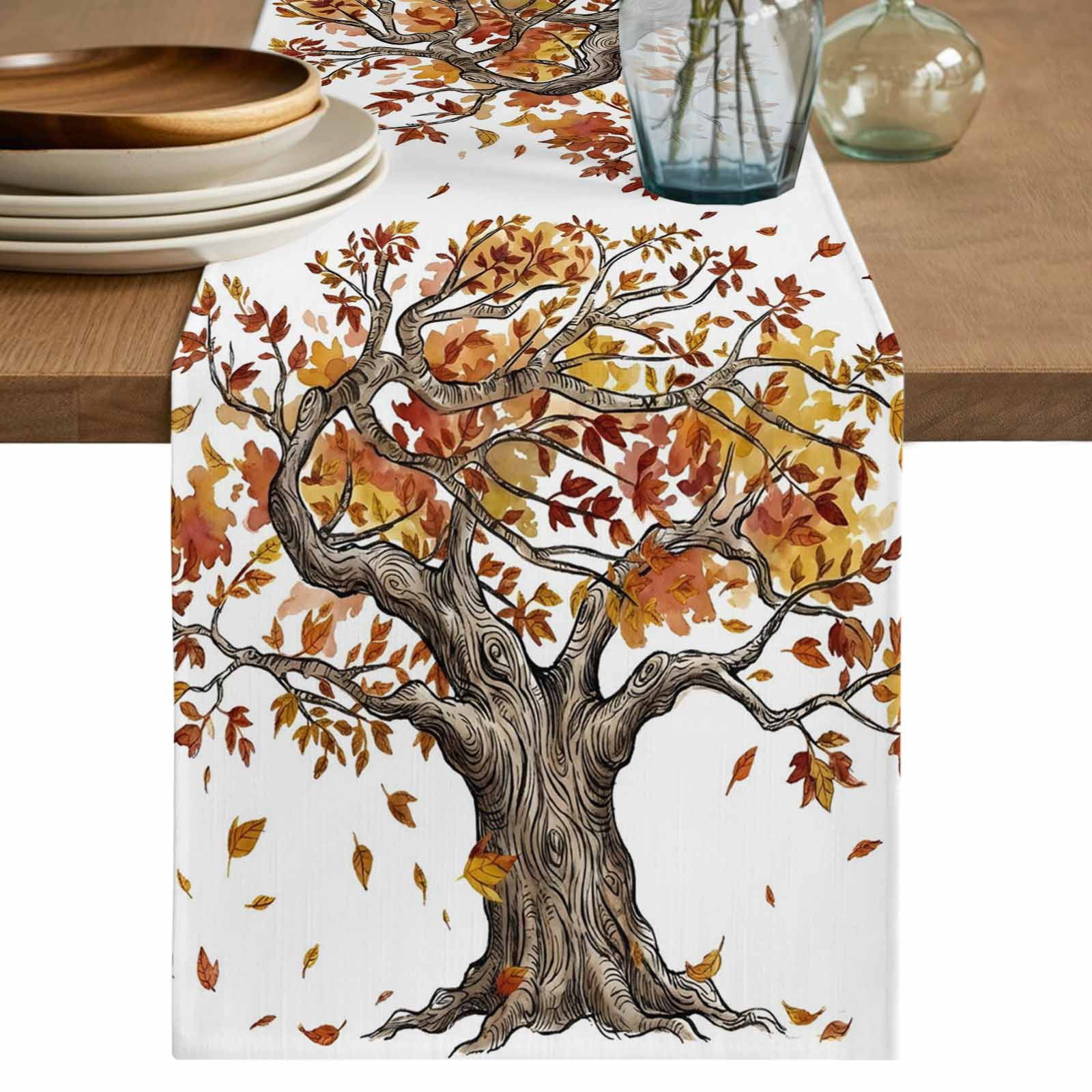 Brown Tree Fall Table Runner, Leaves Branches Watercolor Botanical ...