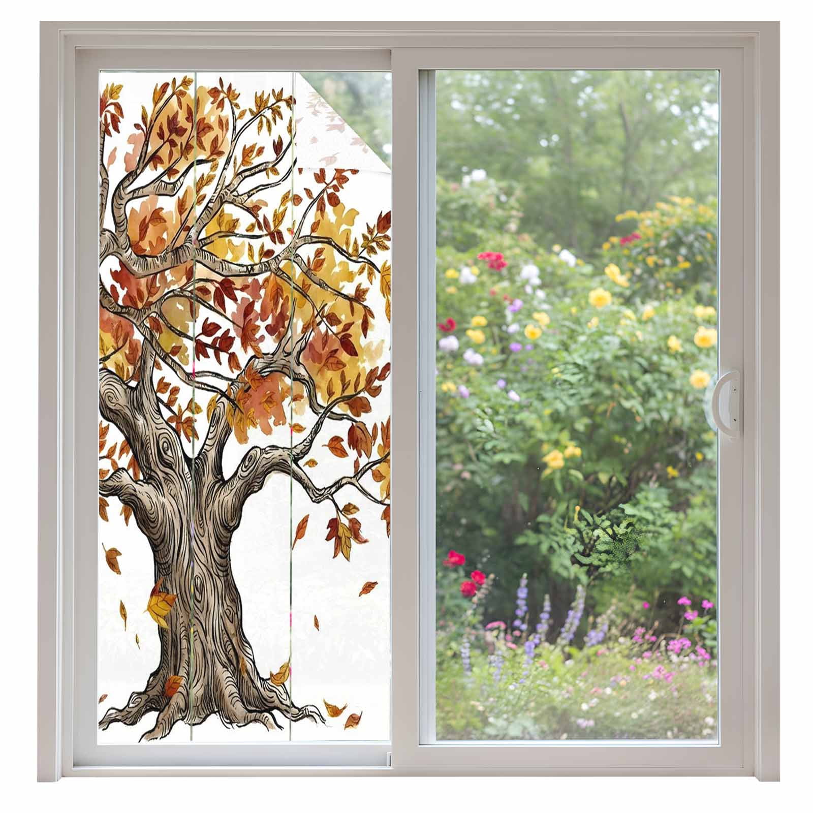 Brown Tree Fall Window Privacy Film, Leaves Branches Watercolor ...