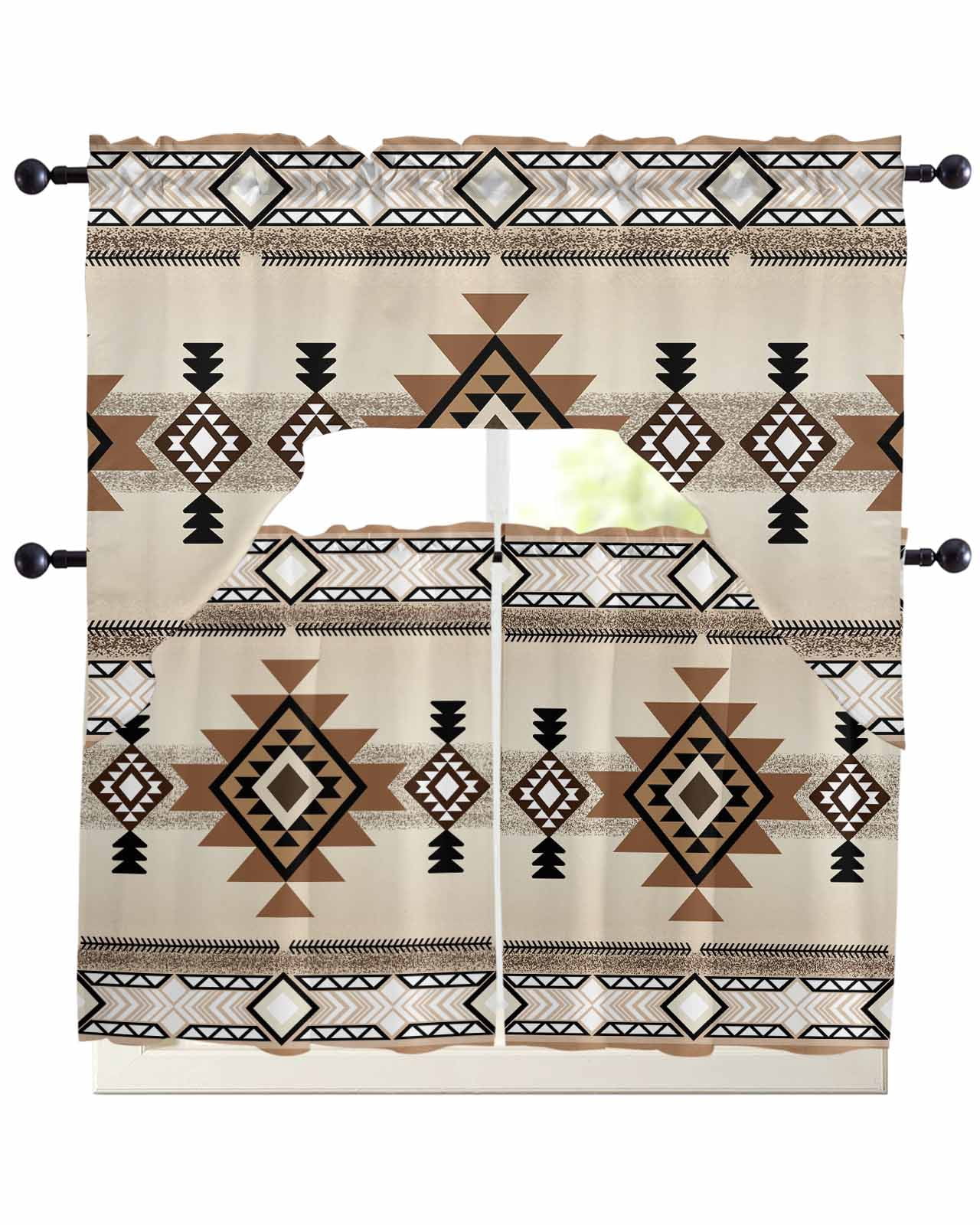 Brown Triangle Combination Swag and Tier Curtains Set Kitchen Valances ...